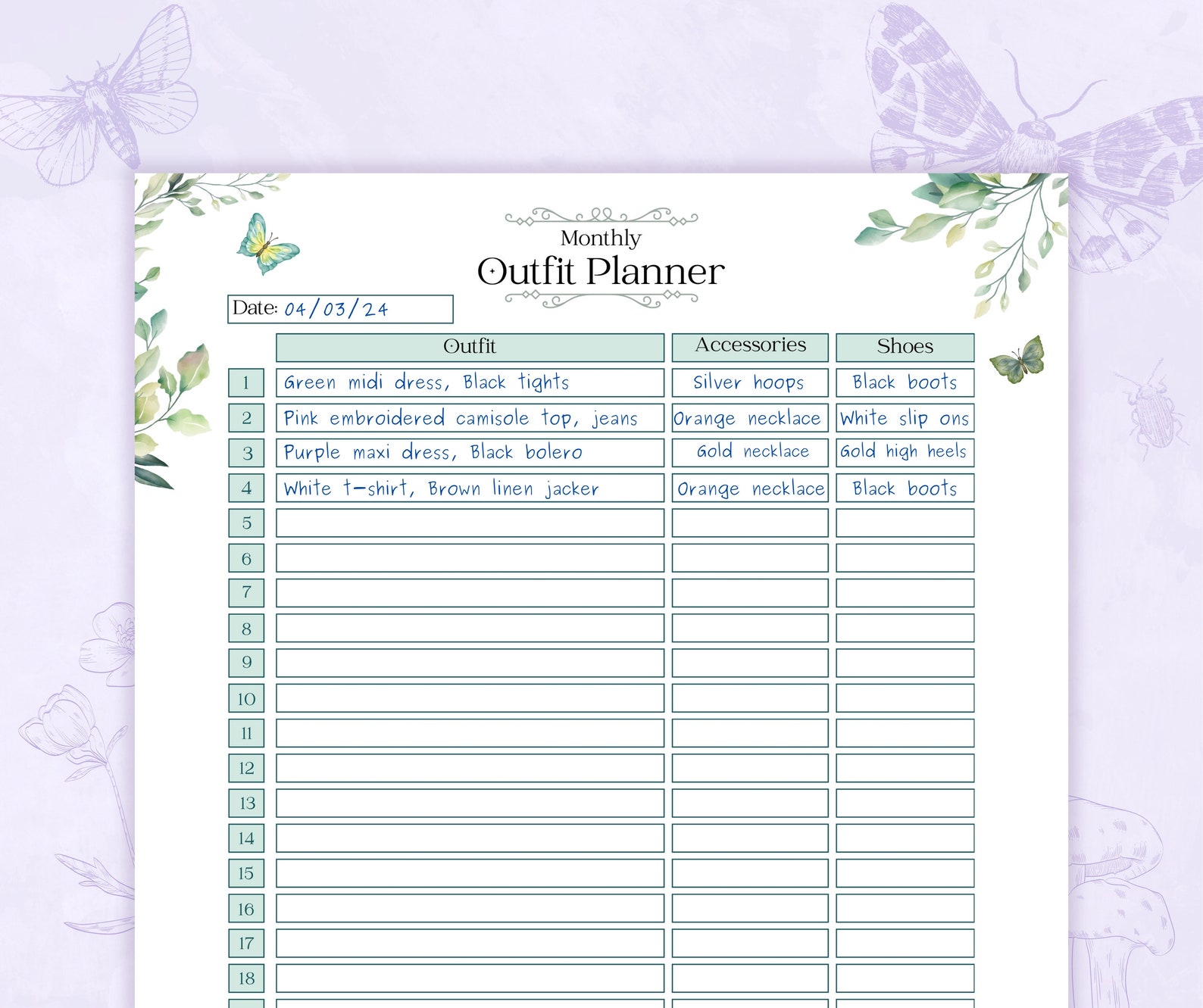 Monthly Outfit Planner Printable PDF | Fashion Log | Clothes Planner ...