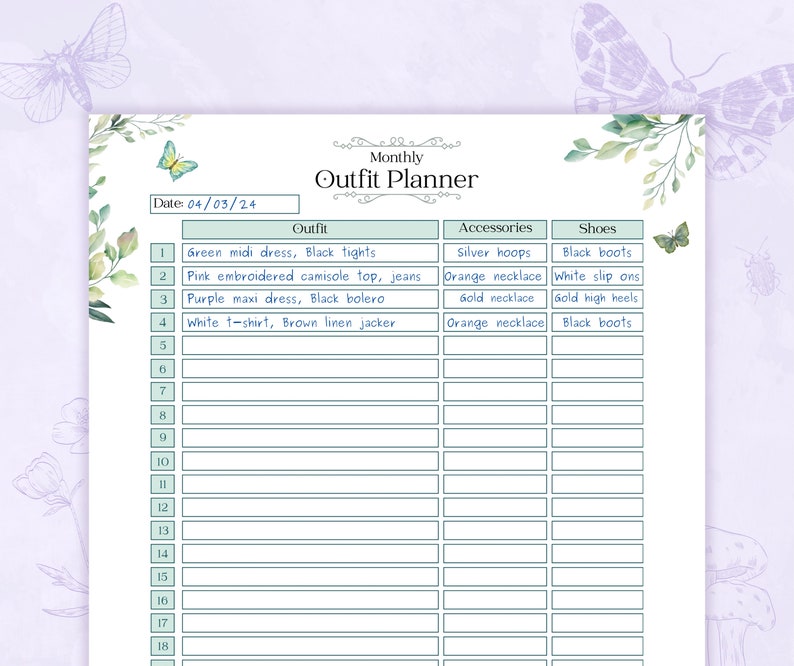 Monthly Outfit Planner Printable PDF | Fashion Log | Clothes Planner ...