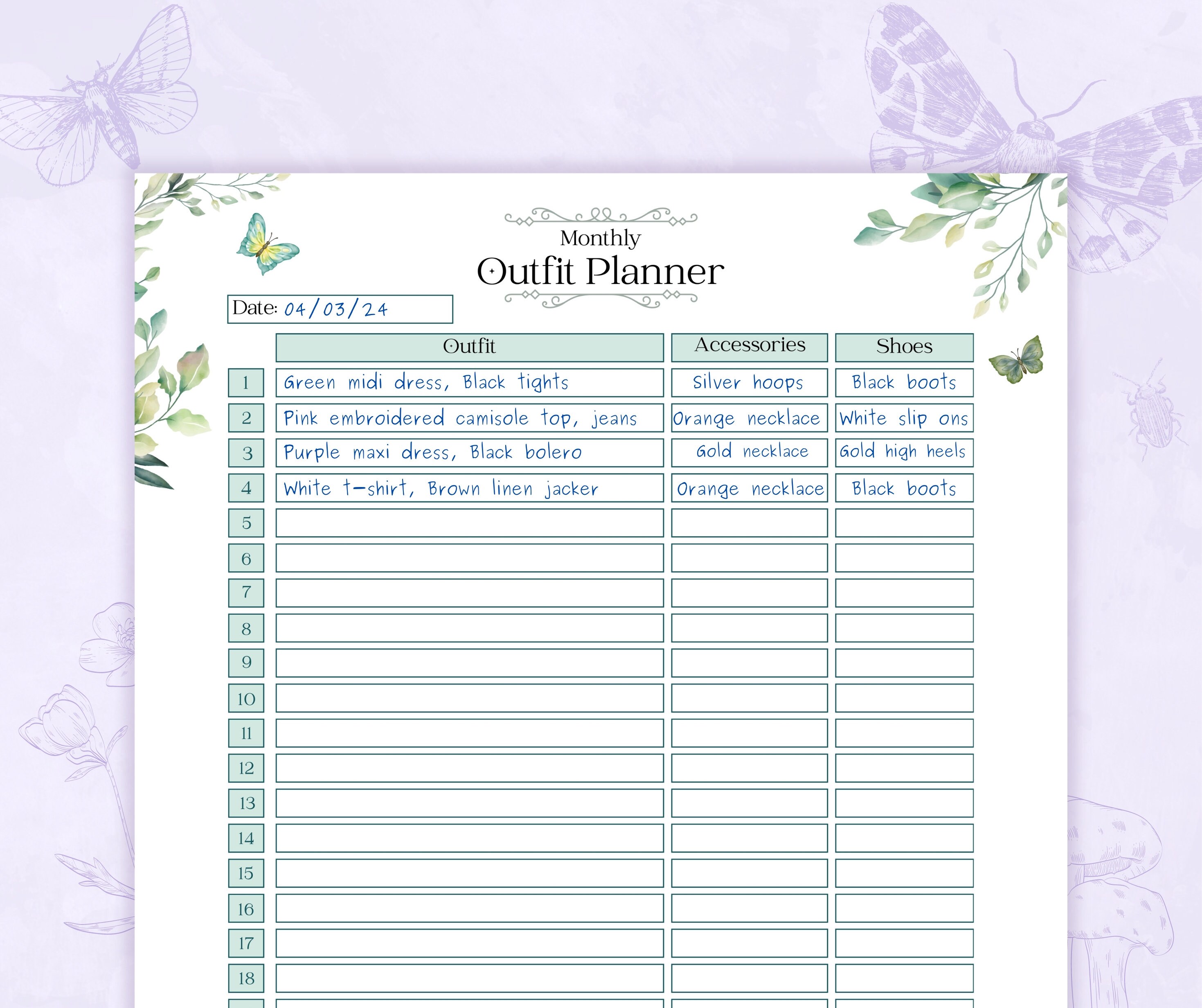 Monthly Outfit Planner Printable PDF | Fashion Log | Clothes Planner ...