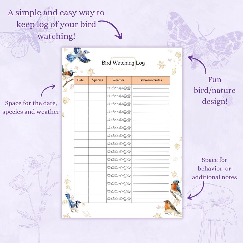 Bird Watching Log Printable PDF | Bird Nerd | Bird Diary | Bird ...