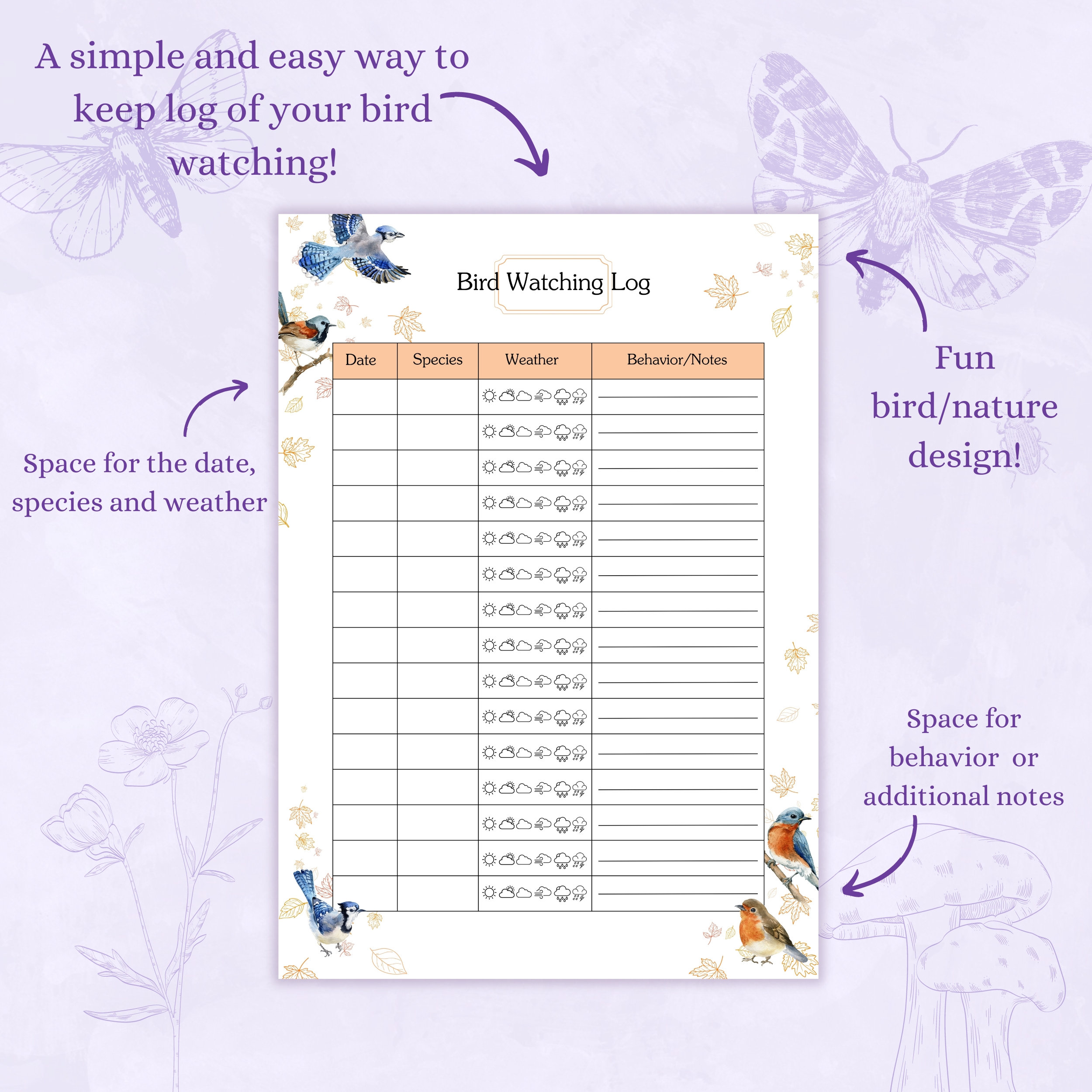Bird Watching Log Printable PDF | Bird Nerd | Bird Diary | Bird ...