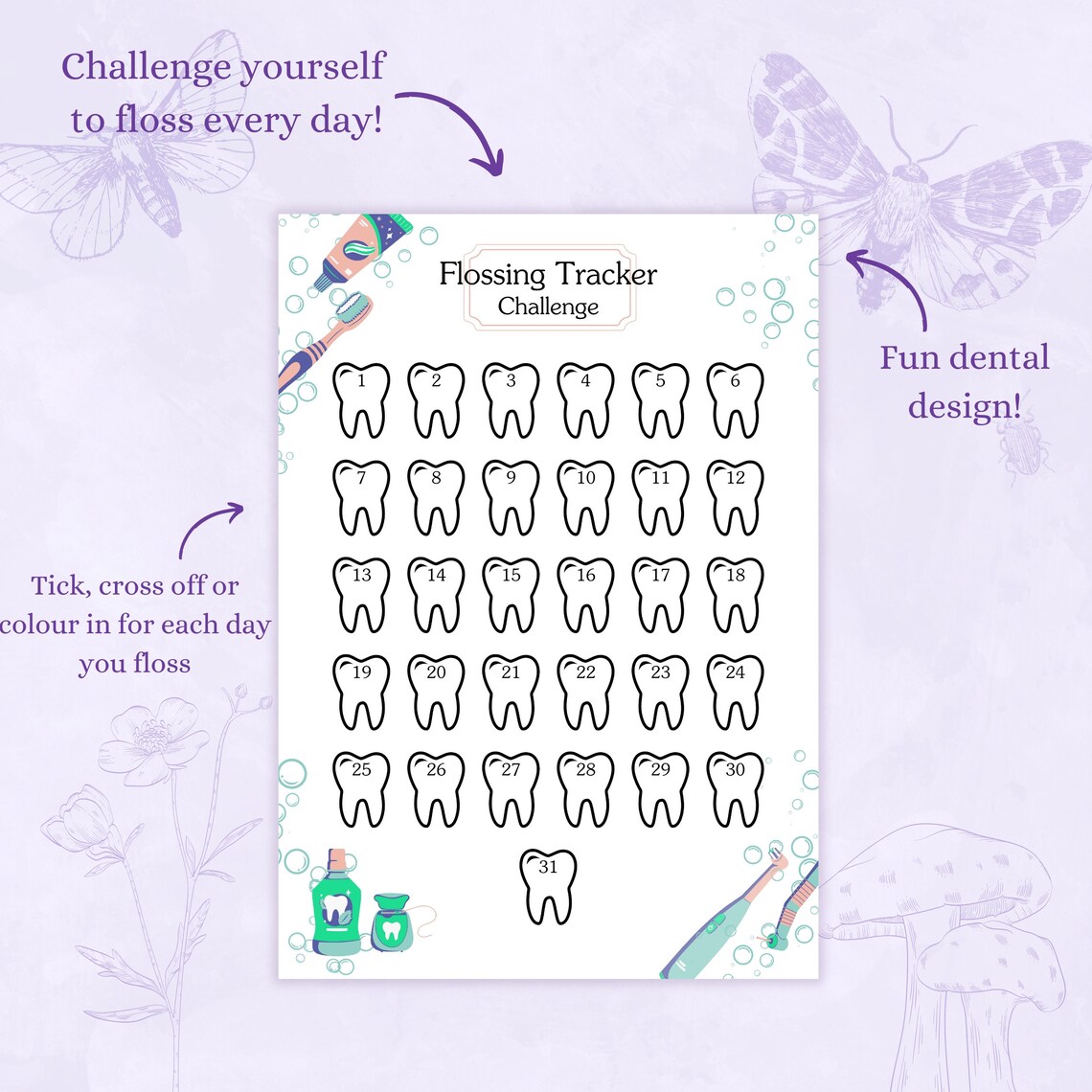 Flossing Tracker Challenge Printable PDF | Dental Floss Log | Dental ...