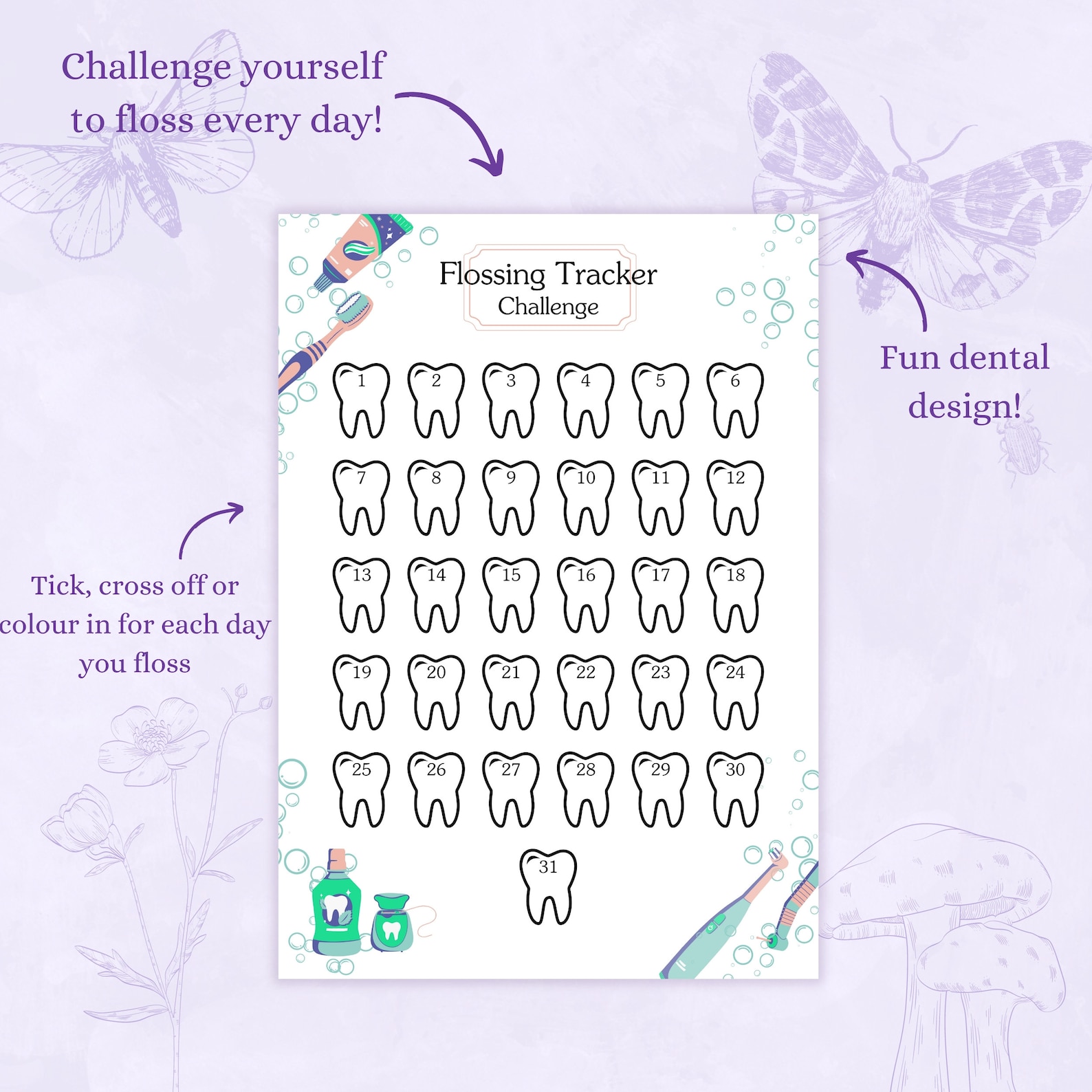 Flossing Tracker Challenge Printable PDF | Dental Floss Log | Dental ...