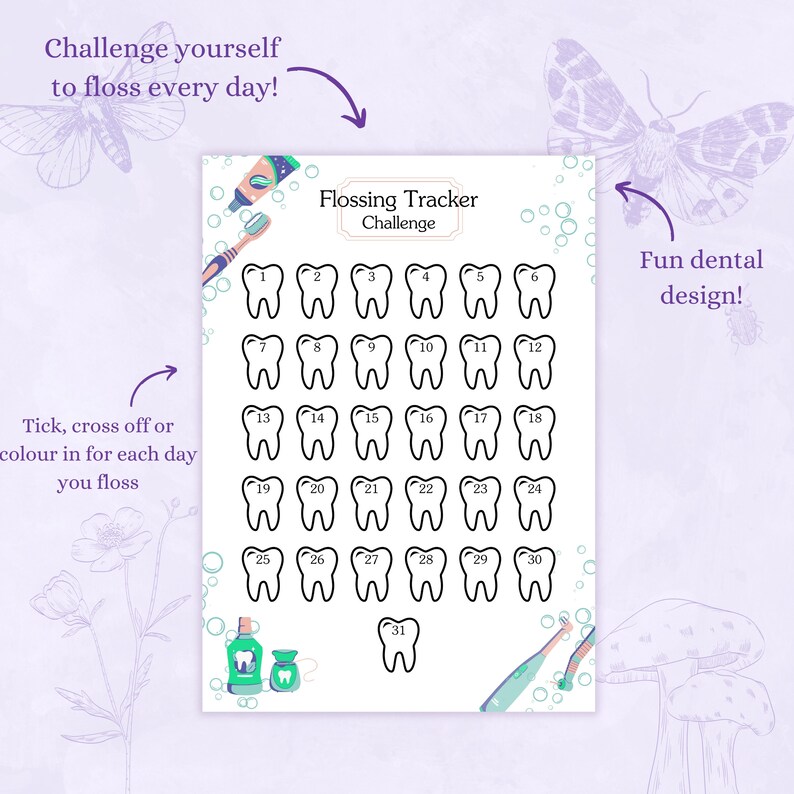 Flossing Tracker Challenge Printable PDF | Dental Floss Log | Dental ...