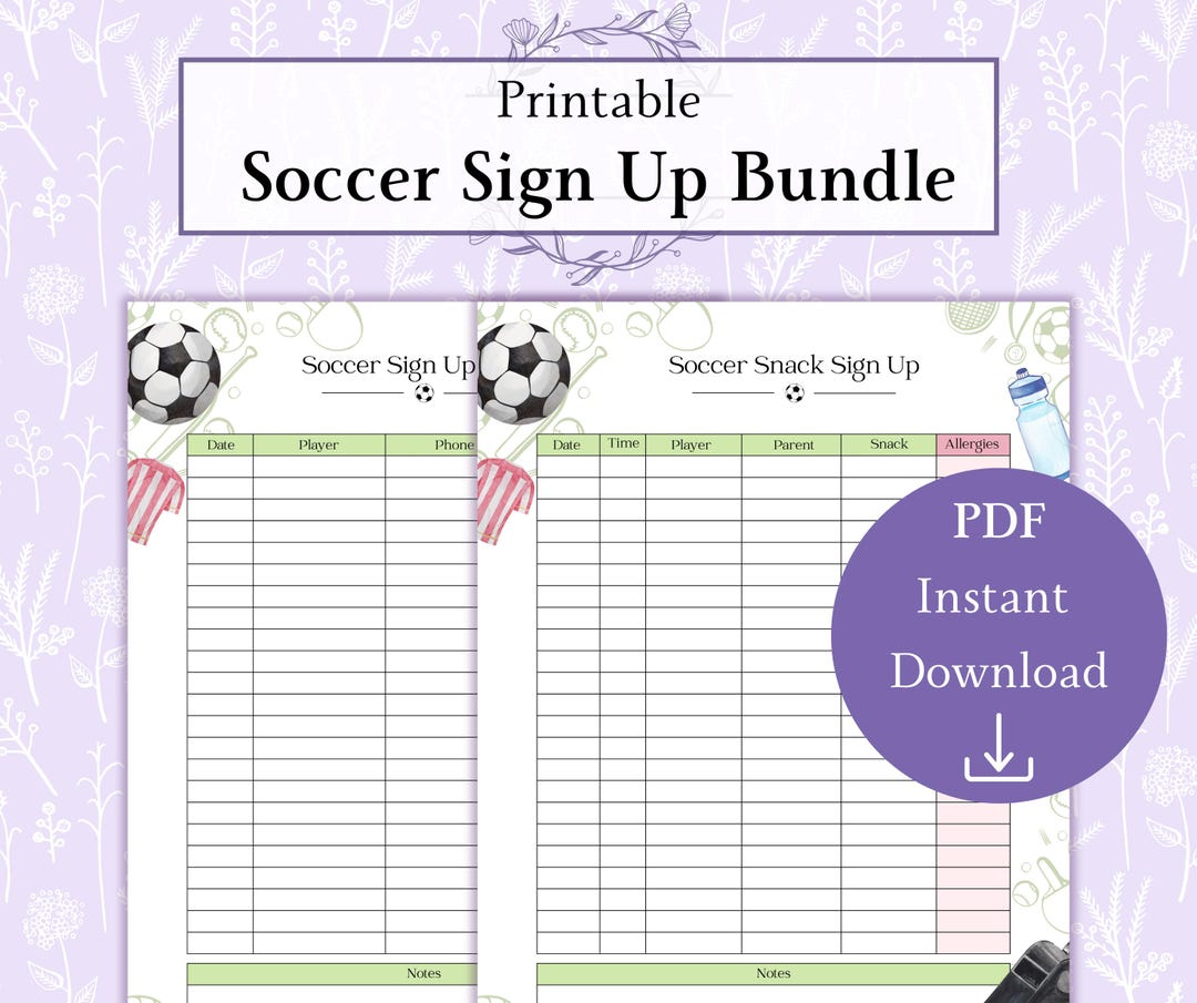 Soccer Sign up Bundle Printable PDF | Kids Soccer Snack Sign up Sheet ...