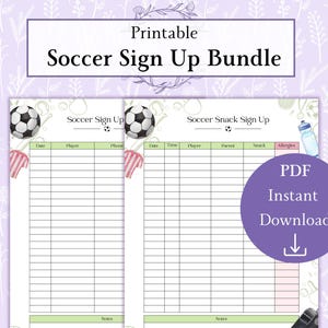 Soccer Sign up Bundle Printable PDF | Kids Soccer Snack Sign up Sheet ...