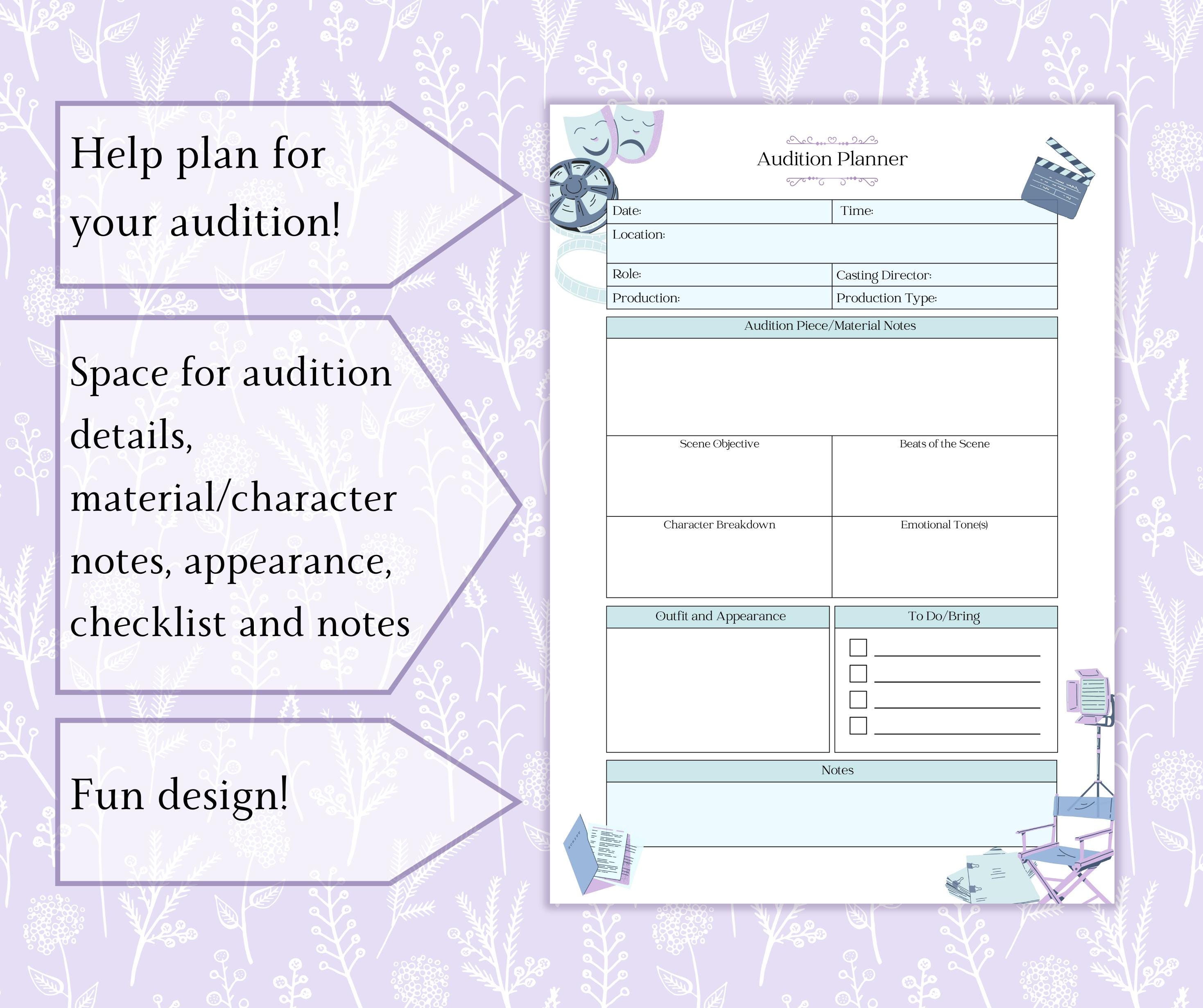 Audition Log Bundle Printable PDF | Audition Planner | Audition Sheet ...