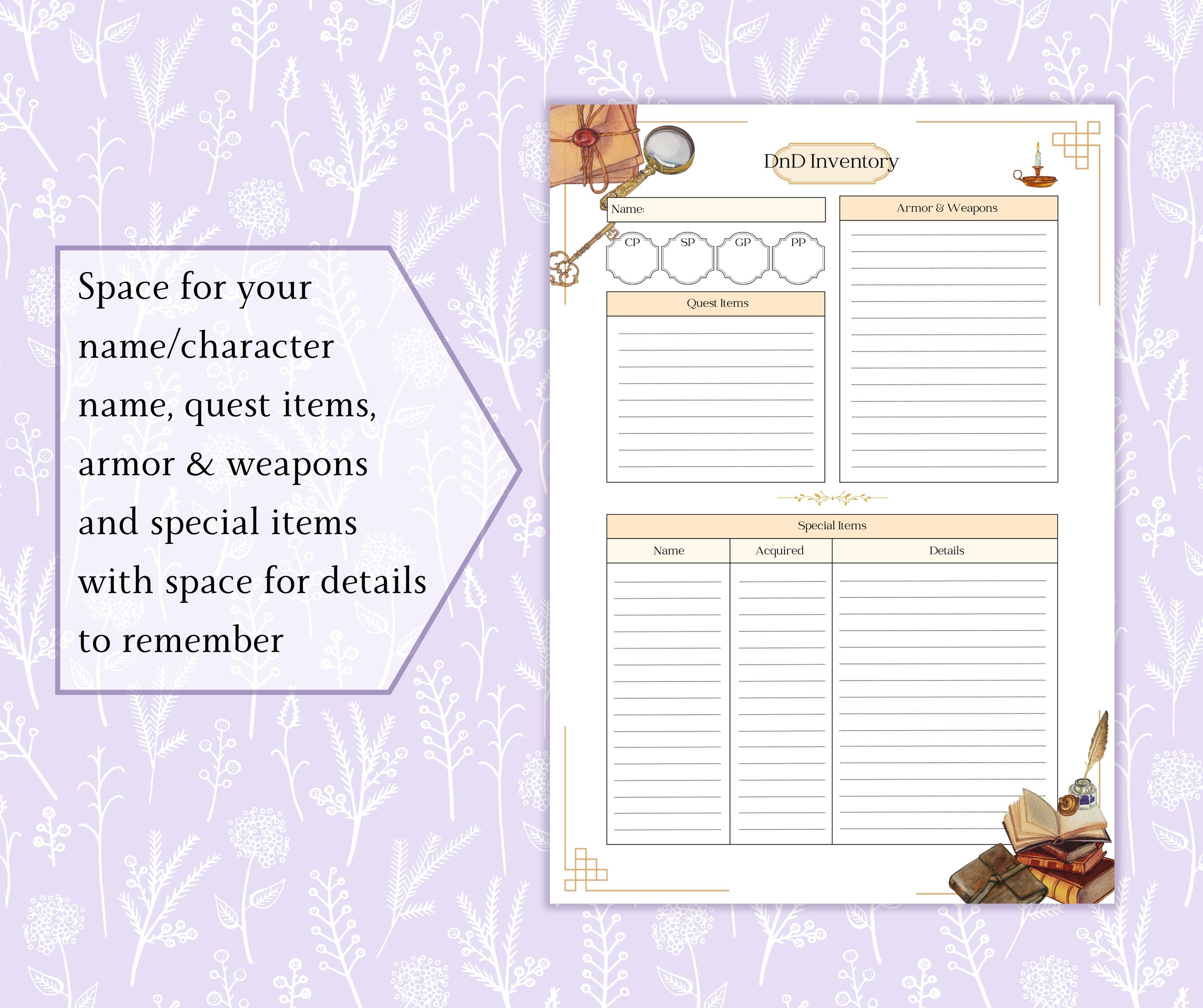 Dnd Inventory Sheets Printable PDF | Dnd Handouts | Dnd Session Notes ...