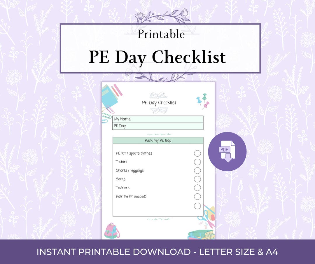 PE Day Checklist for Kids Printable PDF, School PE Bag Packing ...