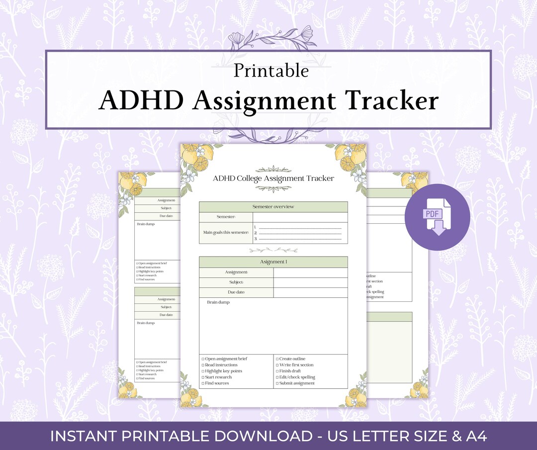 ADHD Assignment Tracker Printable PDF, Student Homework Planner ...