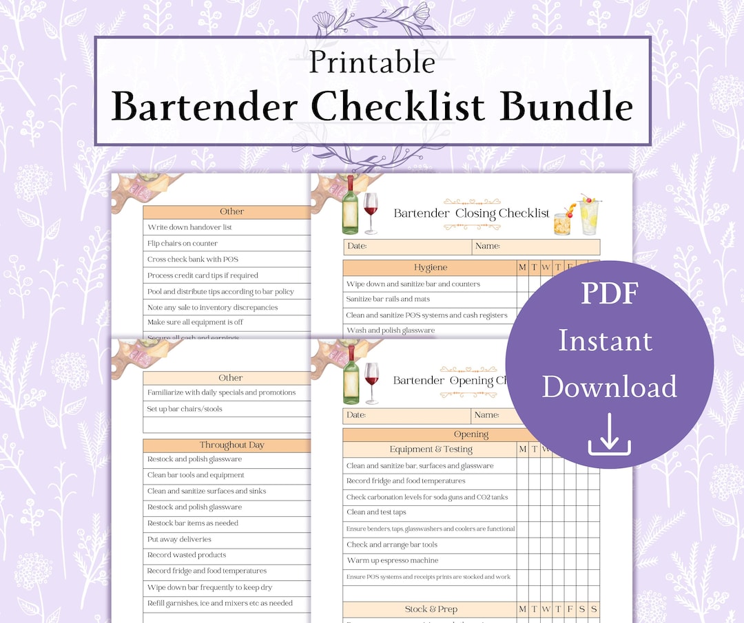 Bartender Checklist Bundle Printable PDF | Bar Opening Checklist ...