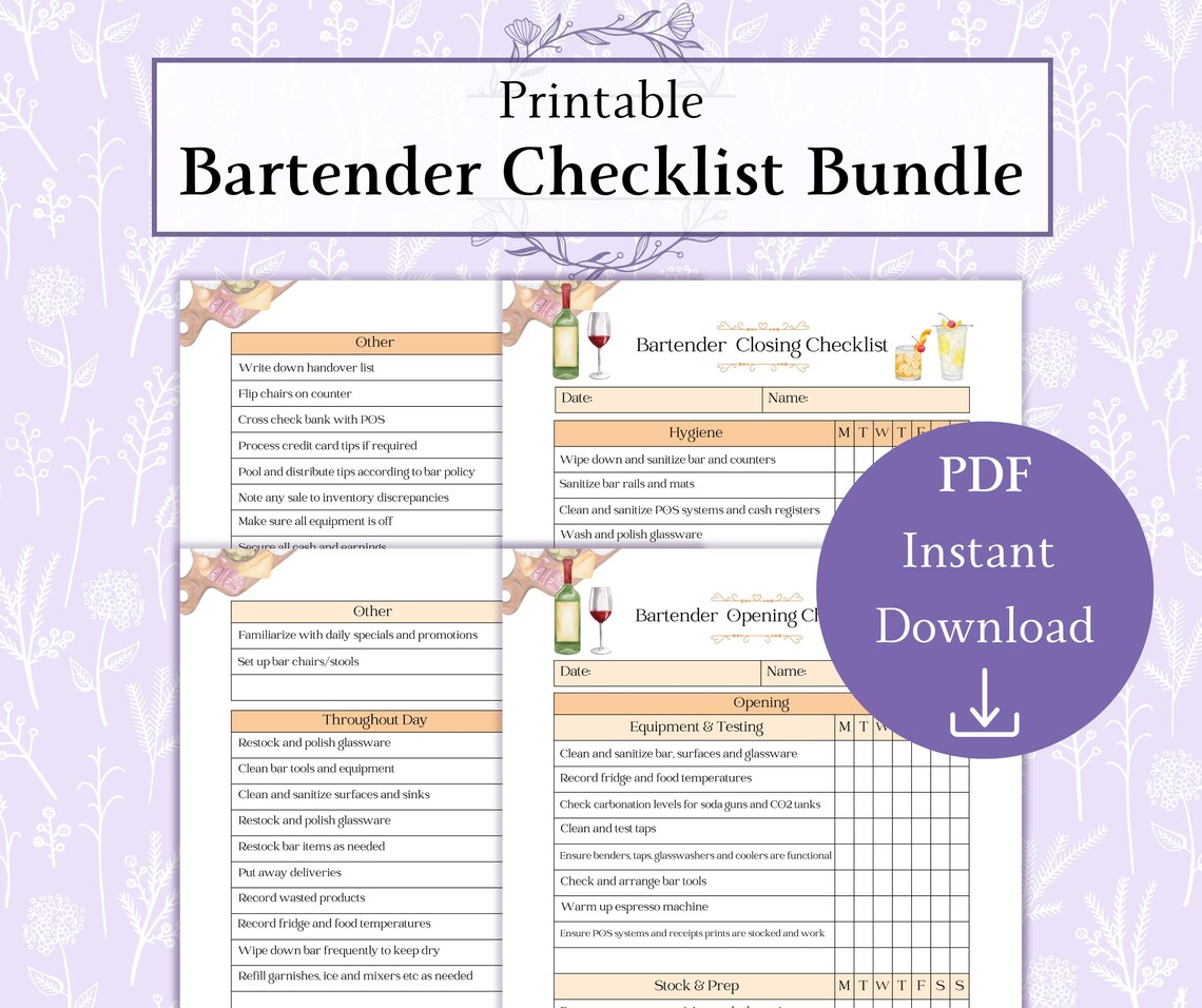 Bartender Checklist Bundle Printable PDF | Bar Opening Checklist ...