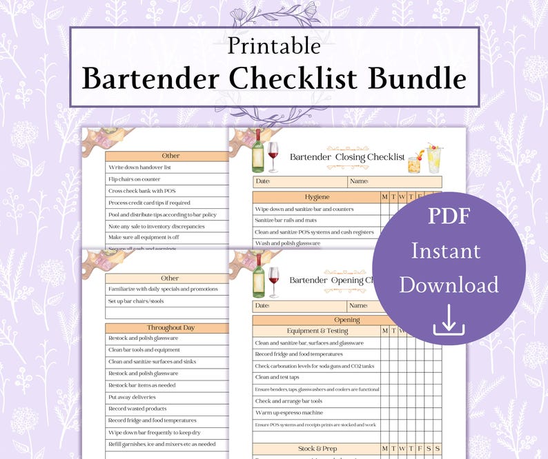 Bartender Checklist Bundle Printable PDF | Bar Opening Checklist | Closing Checklist | Bartender ...