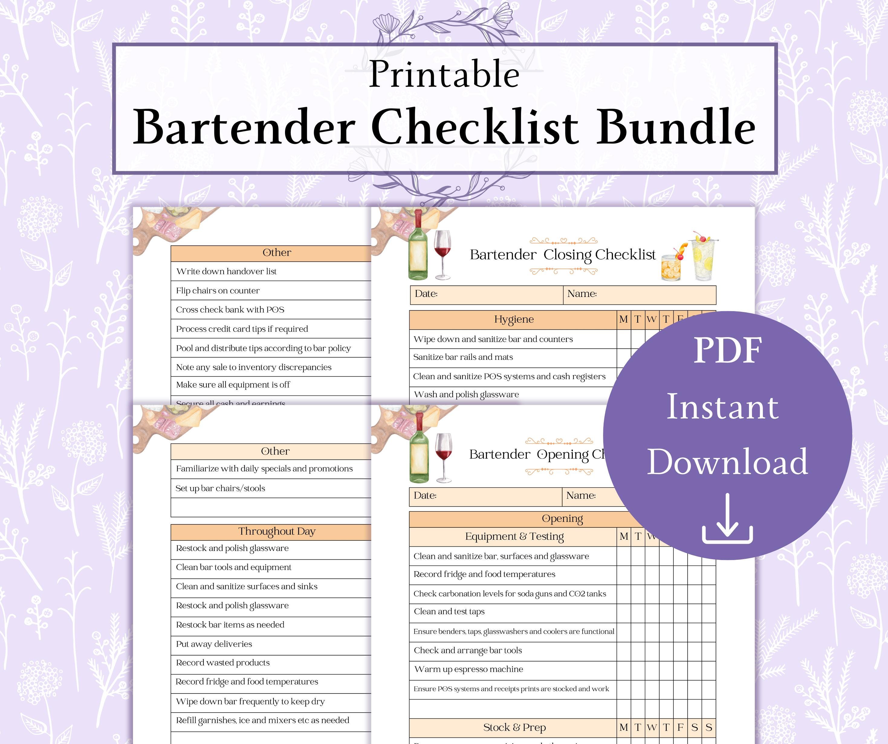 Bartender Checklist Bundle Printable PDF | Bar Opening Checklist | Closing Checklist | Bartender ...