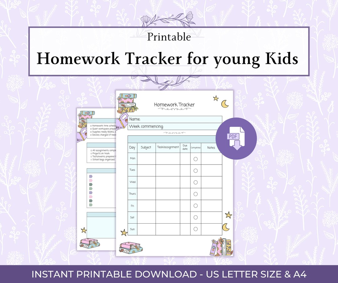 Homework Tracker for Young Kids Printable PDF, Kids Homework Planner ...
