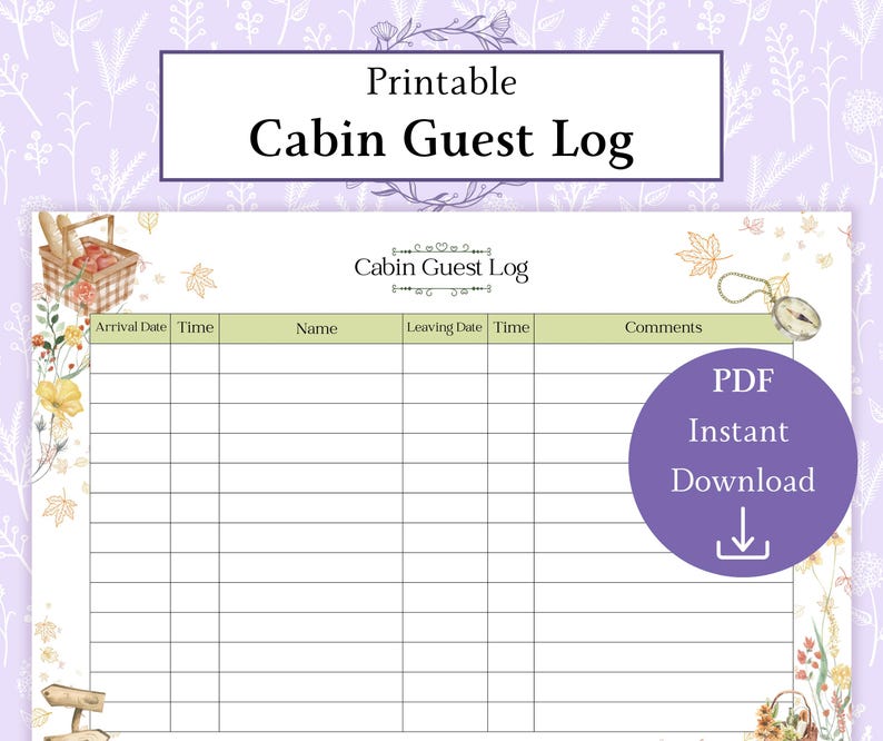 Cabin Guest Log Printable PDF | Cabin Guest Book Sheet | Visitor Log ...
