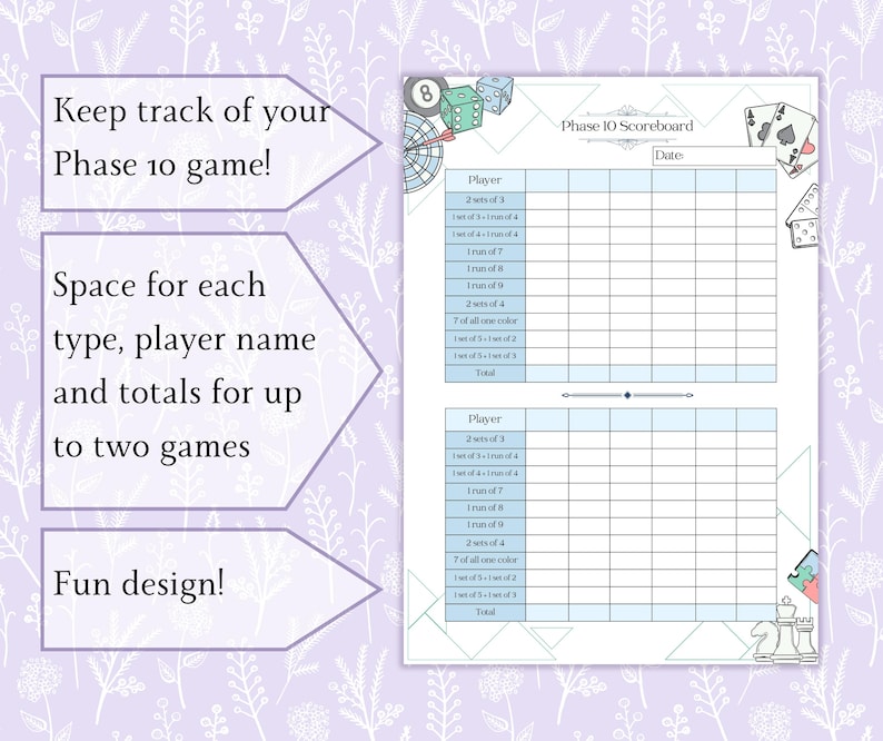 Phase 10 Scoreboard Sheet Printable PDF | Phase 10 Scorecard | Family ...
