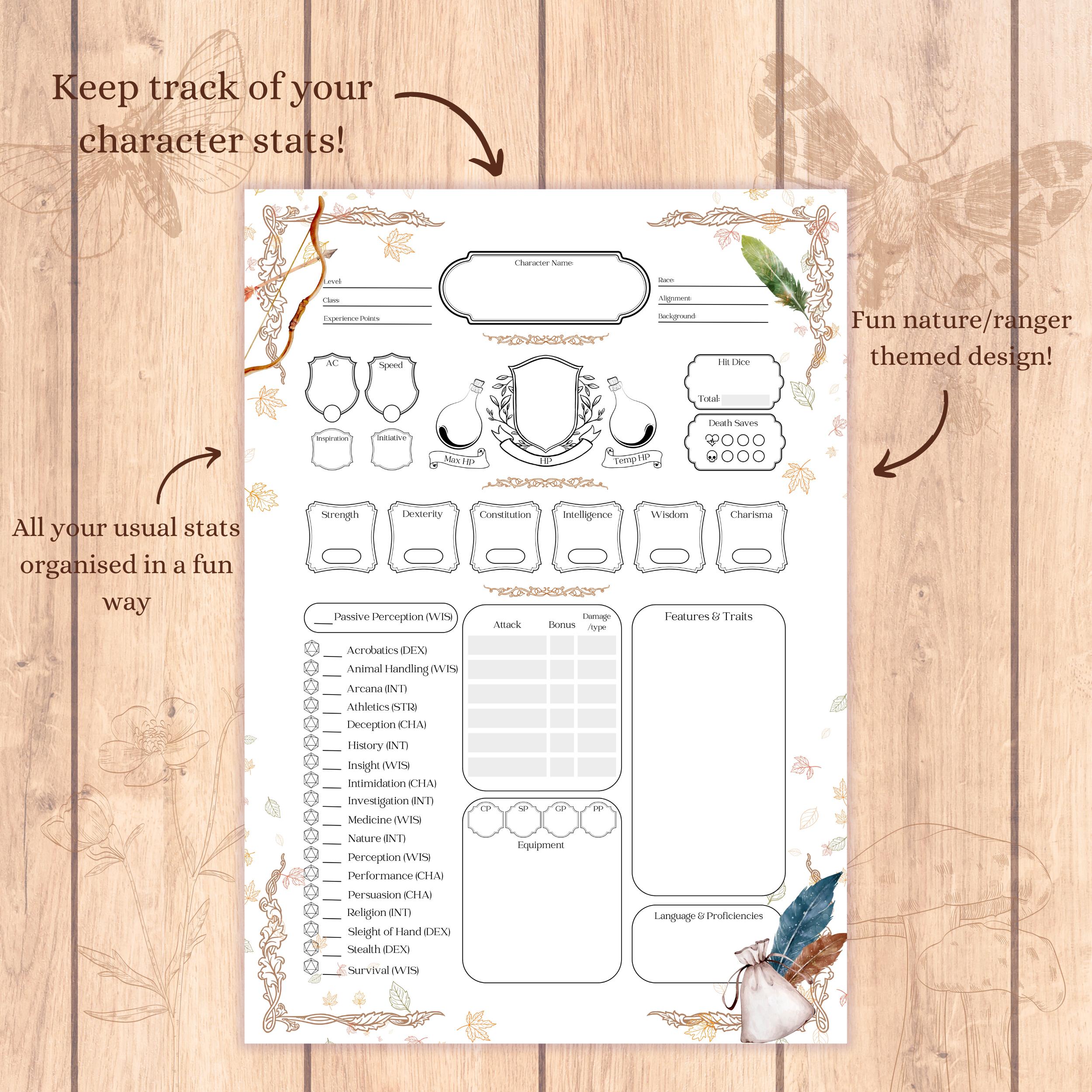 Ranger Dnd Character Sheet Printable PDF | Dnd Character Notes Ranger ...