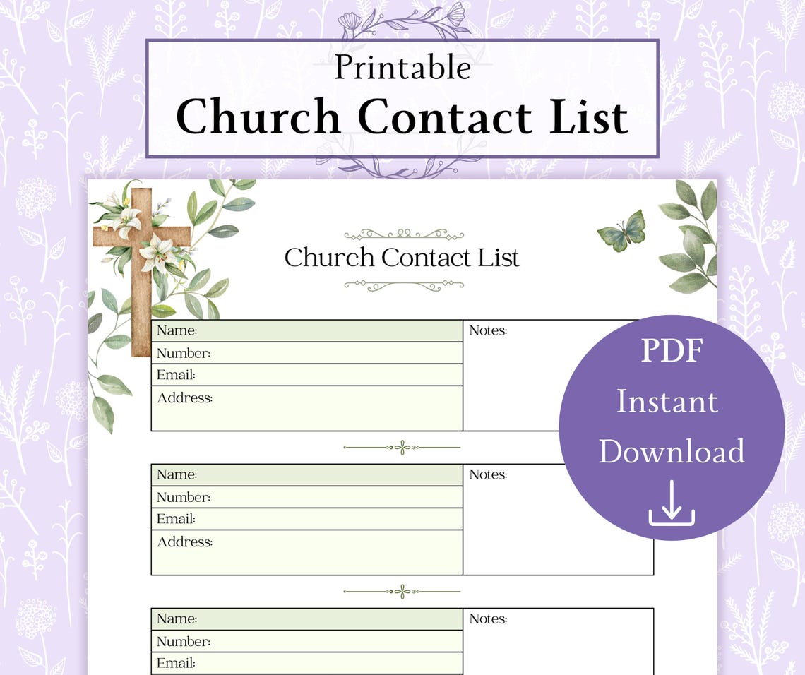 Church Contact List Printable PDF | Church Directory Contact Database ...
