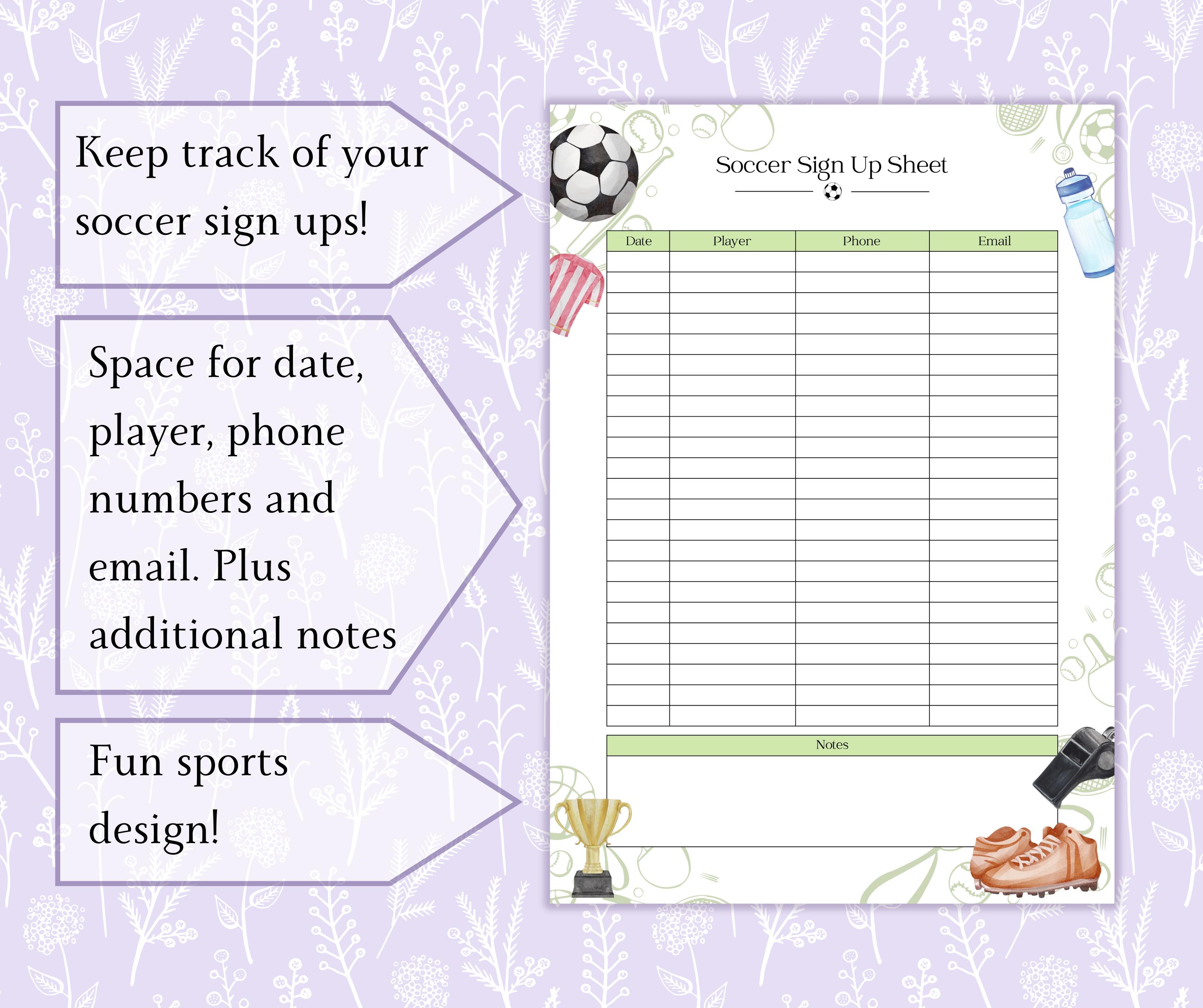 Soccer Sign up Sheet Printable PDF | Football Sign up Sheet | Football ...