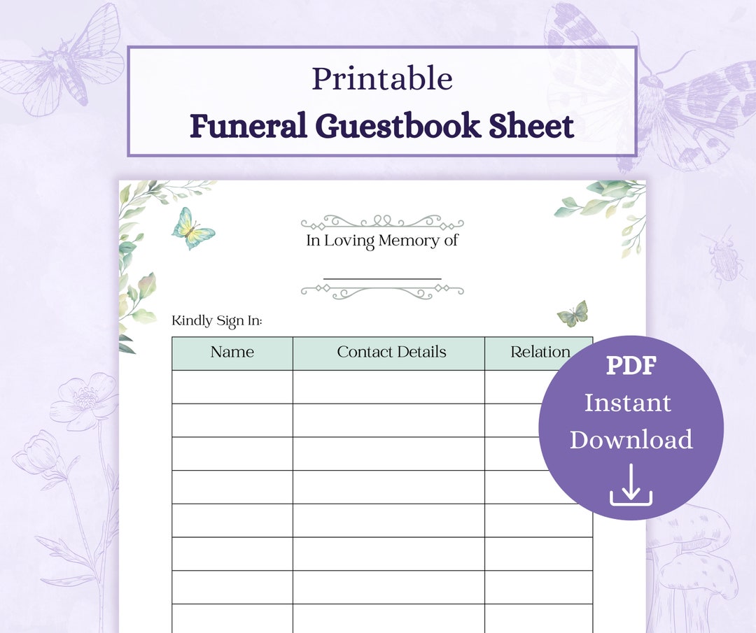 Funeral Guestbook Sheet Printable PDF | Wake Sign in Sheet | Sign up ...