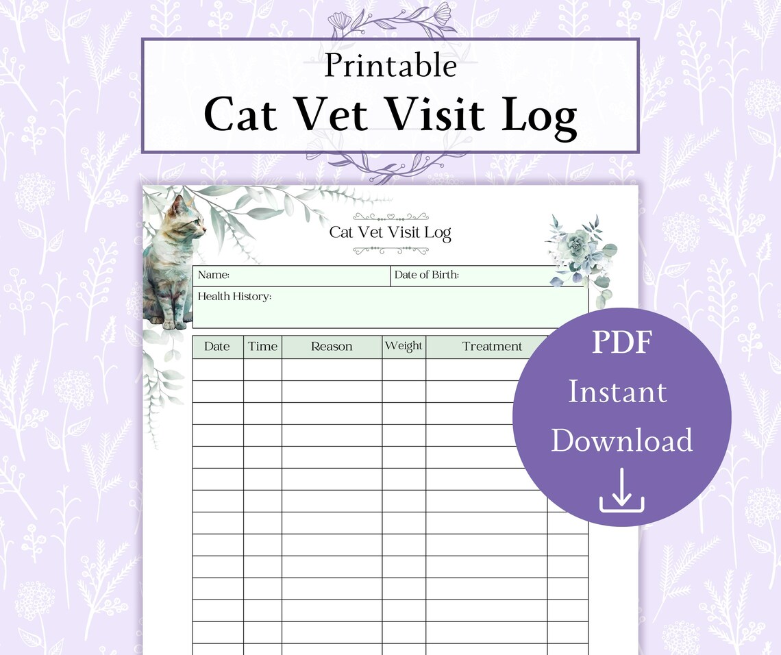 Cat Vet Visit Log Printable PDF | Cat Health Record | Vet Visit Log ...