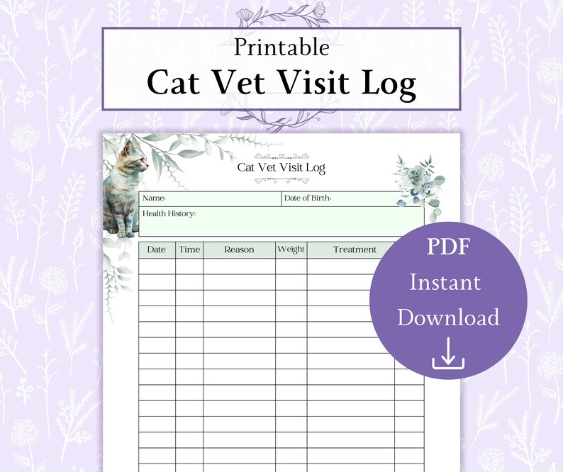 Cat Vet Visit Log Printable PDF | Cat Health Record | Vet Visit Log ...