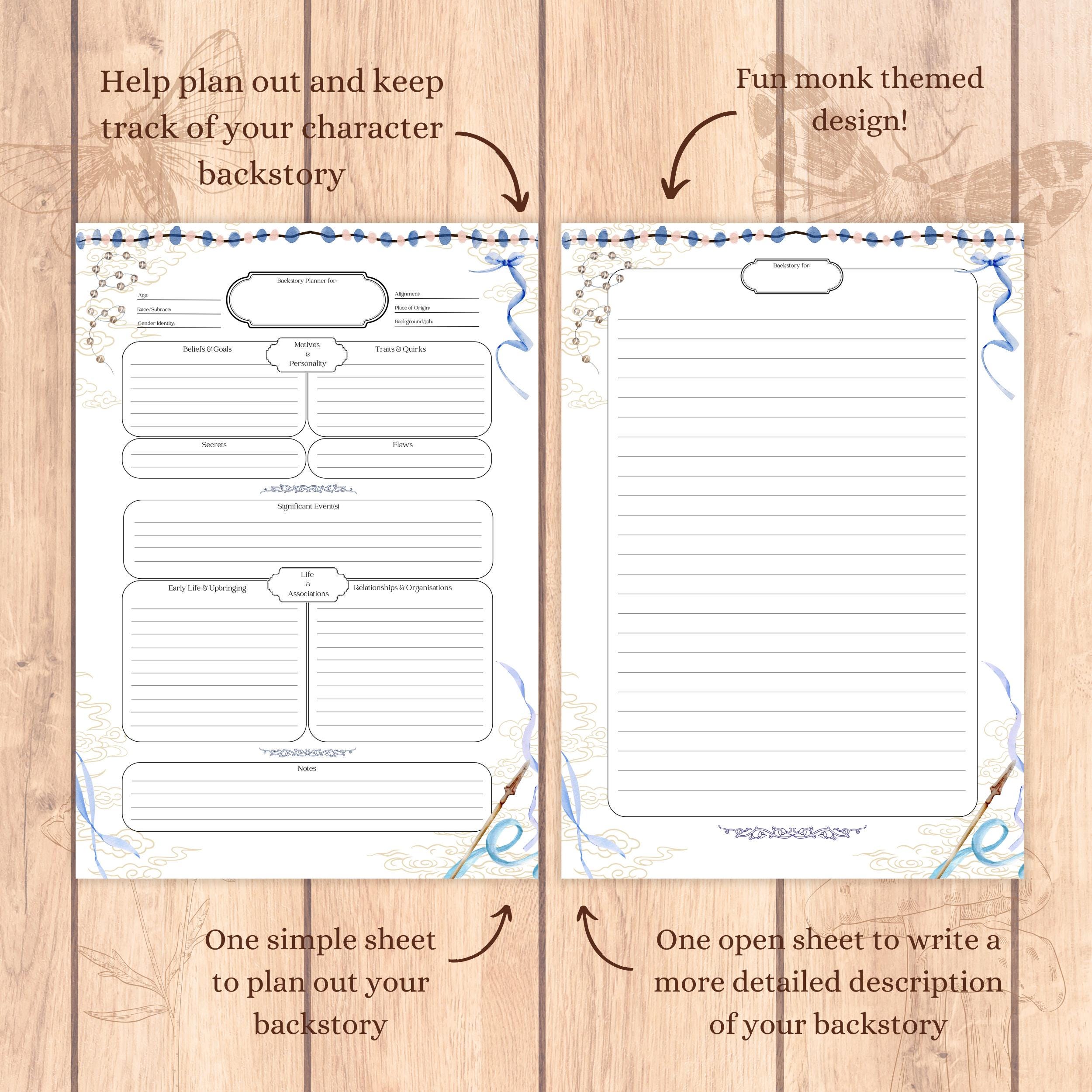 Monk Dnd Character Backstory Printable PDF | Dnd Reference Sheet ...