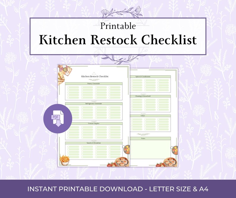Kitchen Restock Checklist Printable PDF, Pantry, Fridge & Freezer ...