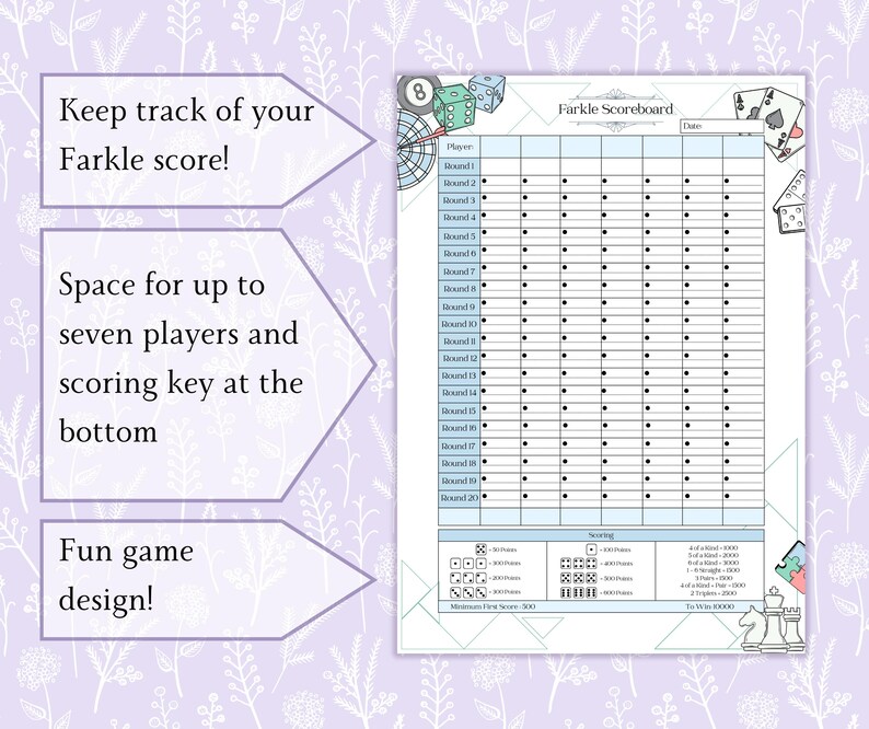 Farkle Scoreboard Printable PDF | Farkle Score Card | Games Tally Sheet ...