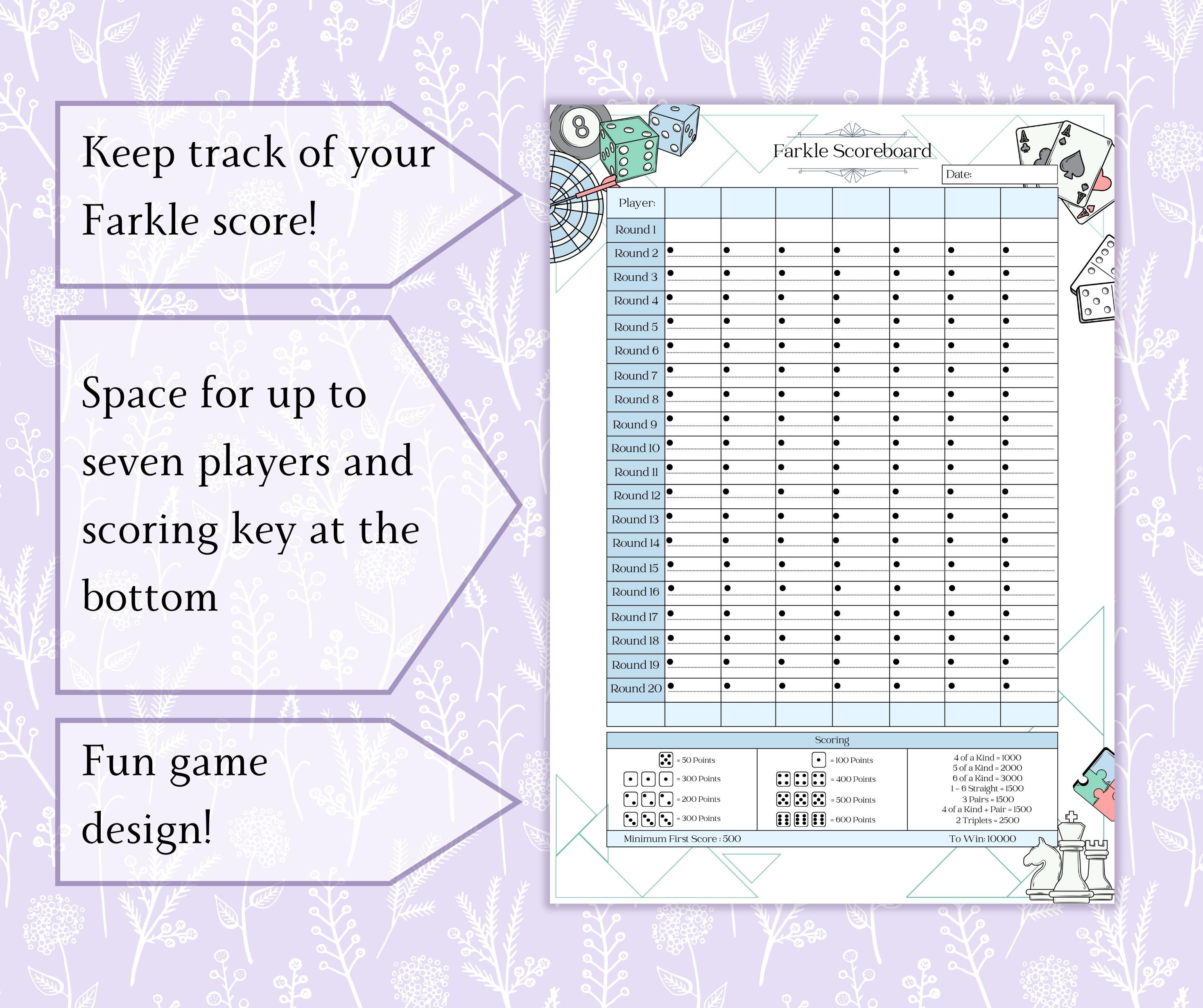 Farkle Scoreboard Printable PDF | Farkle Score Card | Games Tally Sheet ...