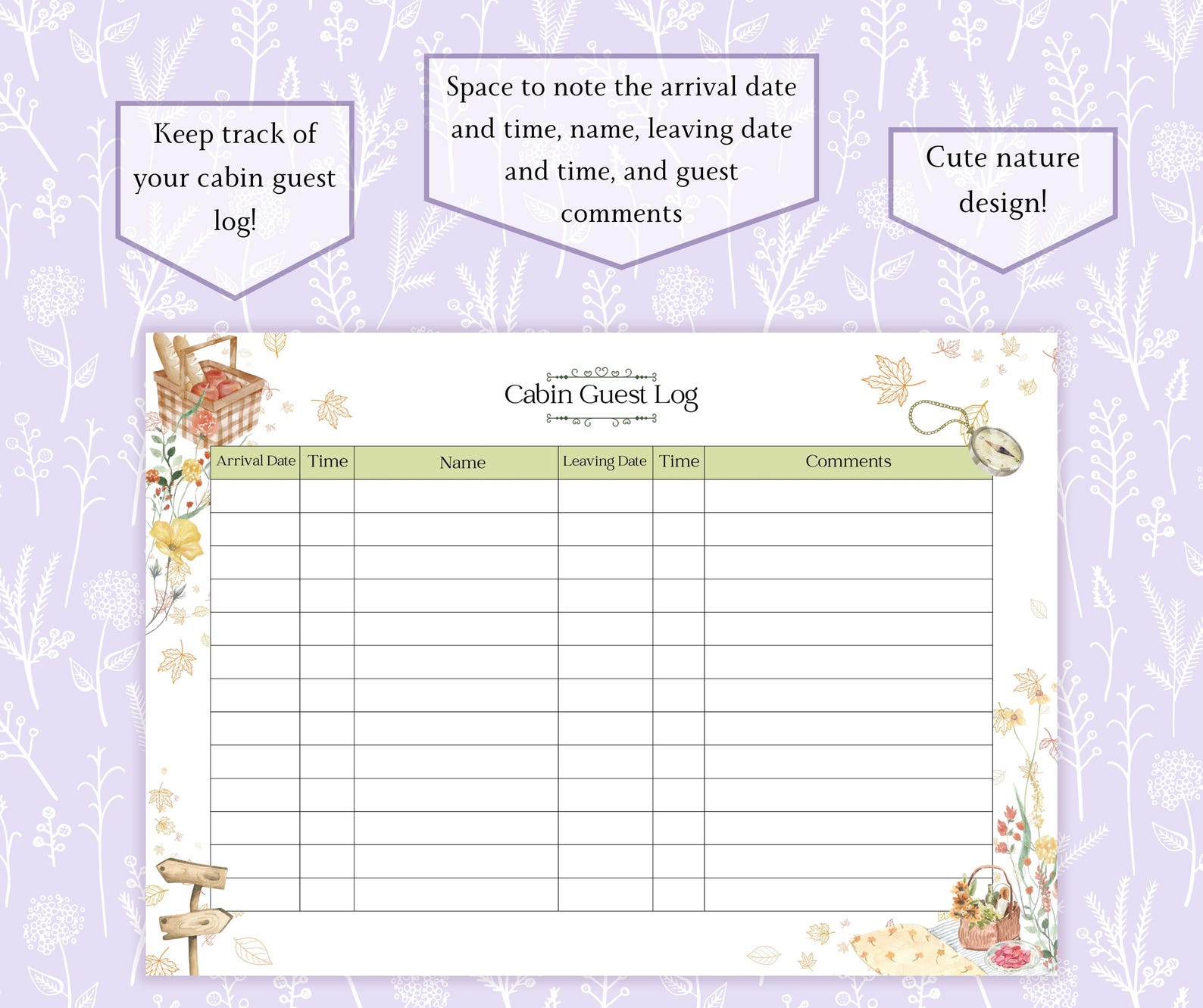 Cabin Guest Log Printable PDF | Cabin Guest Book Sheet | Visitor Log ...