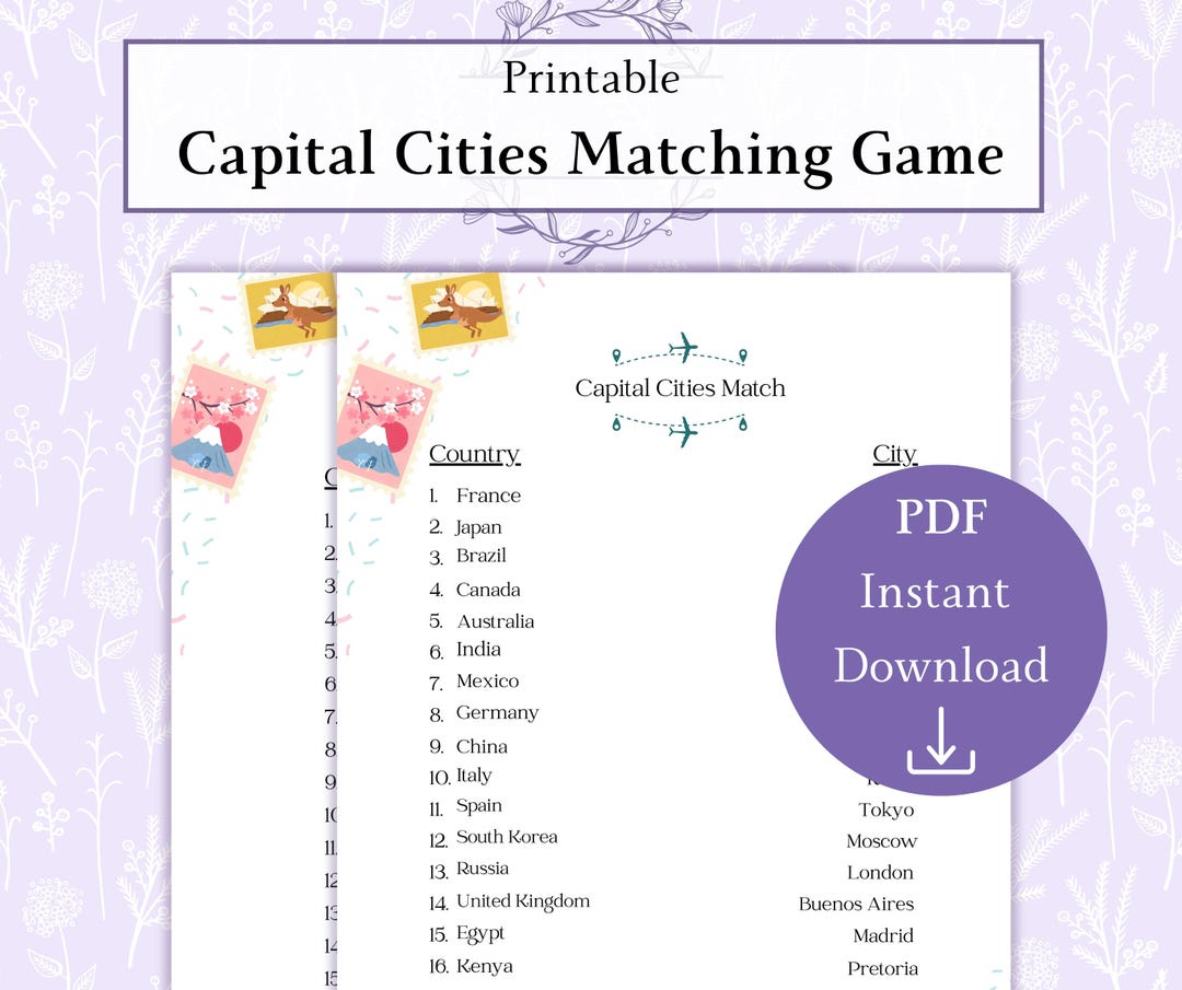 Capital Cities Match Game Printable PDF, Country Capitals Worksheet ...