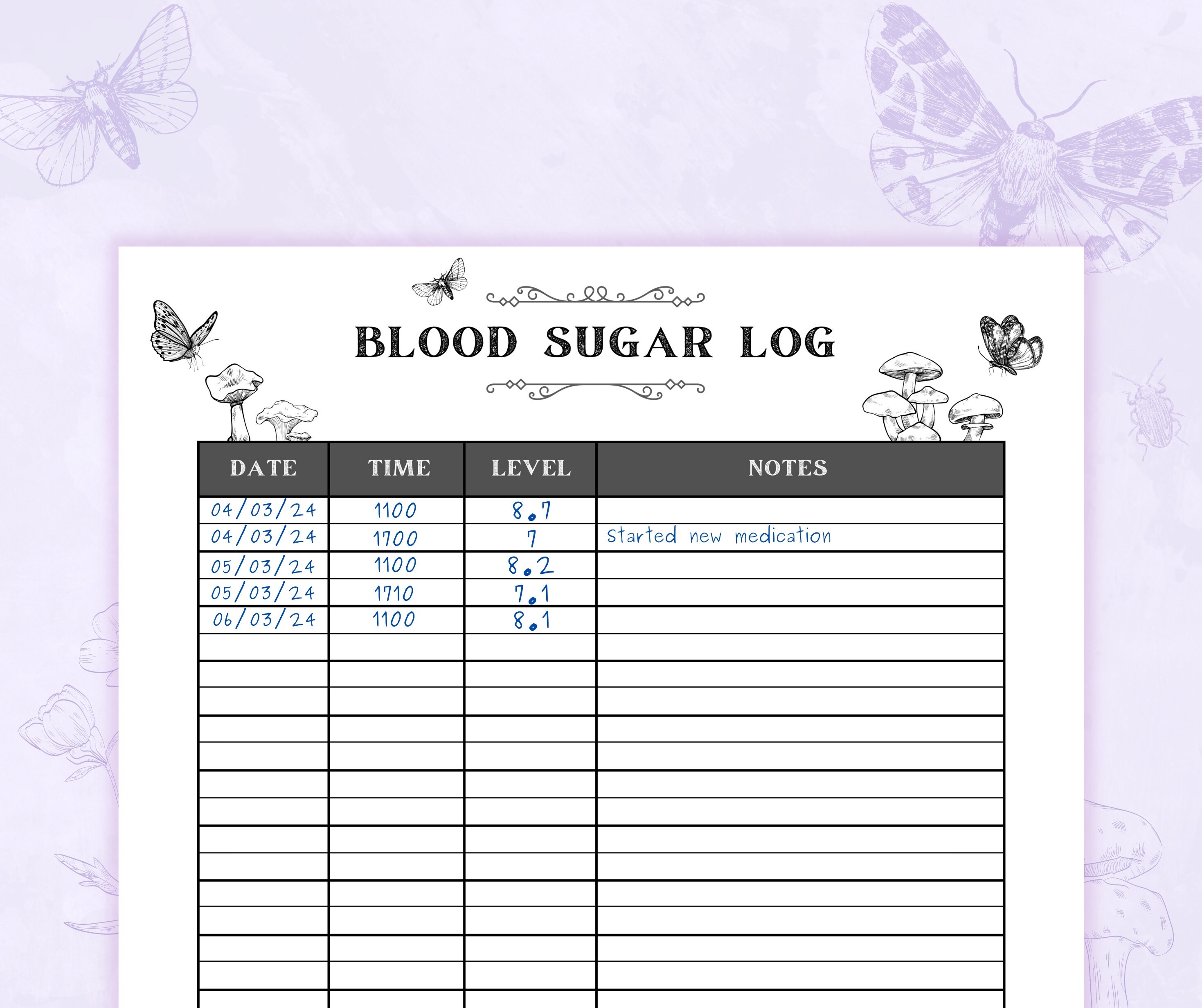 Blood Sugar Log | Printable PDF | Blood Sugar Tracker | Diabetes Log ...