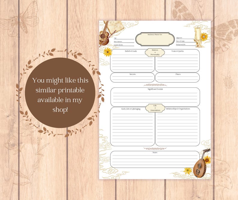 Bard Character Sheet Printable PDF | Bard Themed Dnd Accessories | Dnd ...