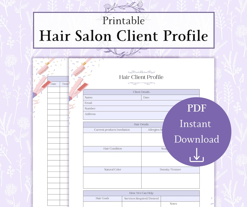 Hair Salon Customer Profile Printable PDF | Client Appointment Tracker ...