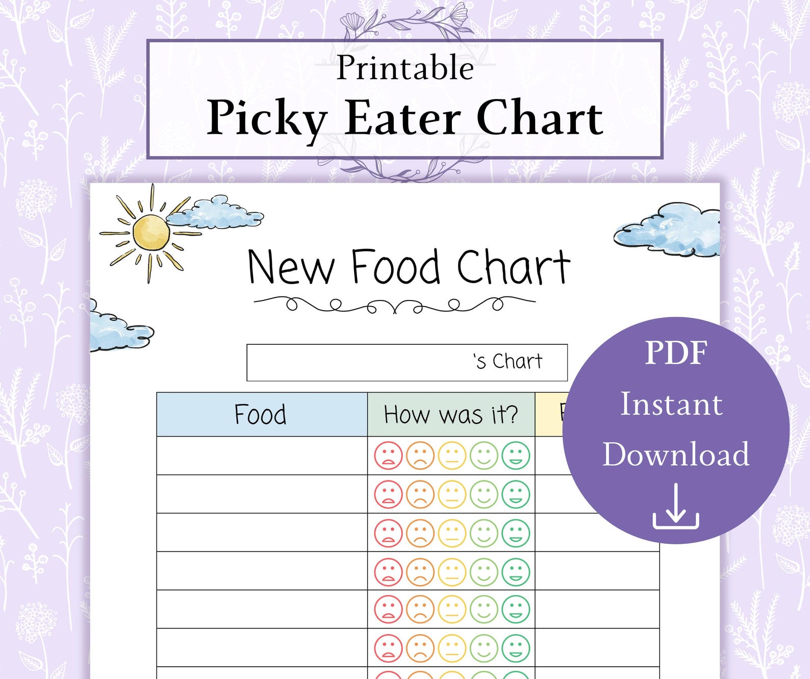 Picky Eater Chart for Kids Printable PDF | Reward Chart | Mealtime ...