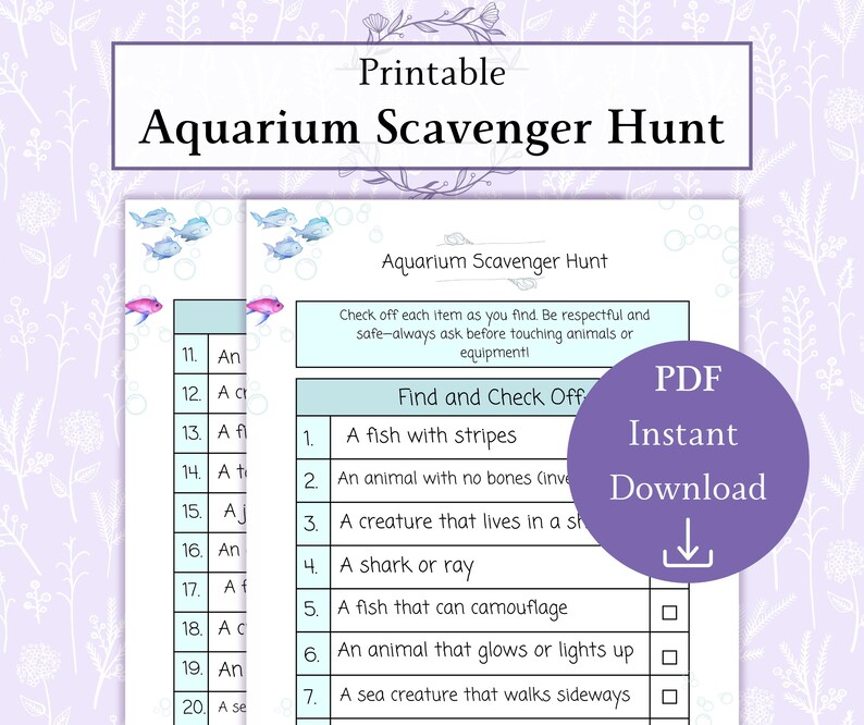 Aquarium Scavenger Hunt Printable PDF, Ocean Theme Activity, Sea Life ...