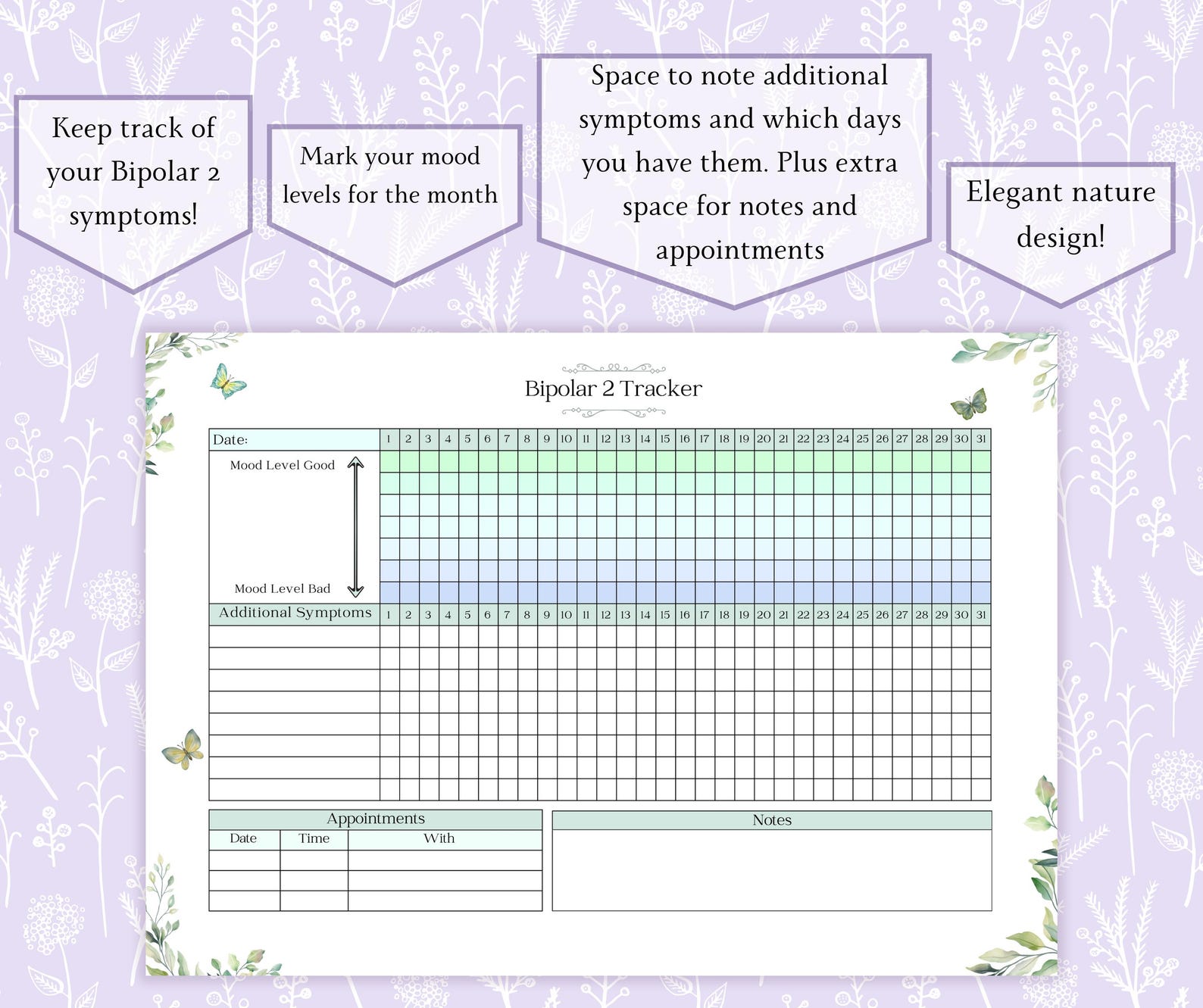 Bipolar 2 Tracker Printable PDF | Symptom Tracker | Mood Tracker ...