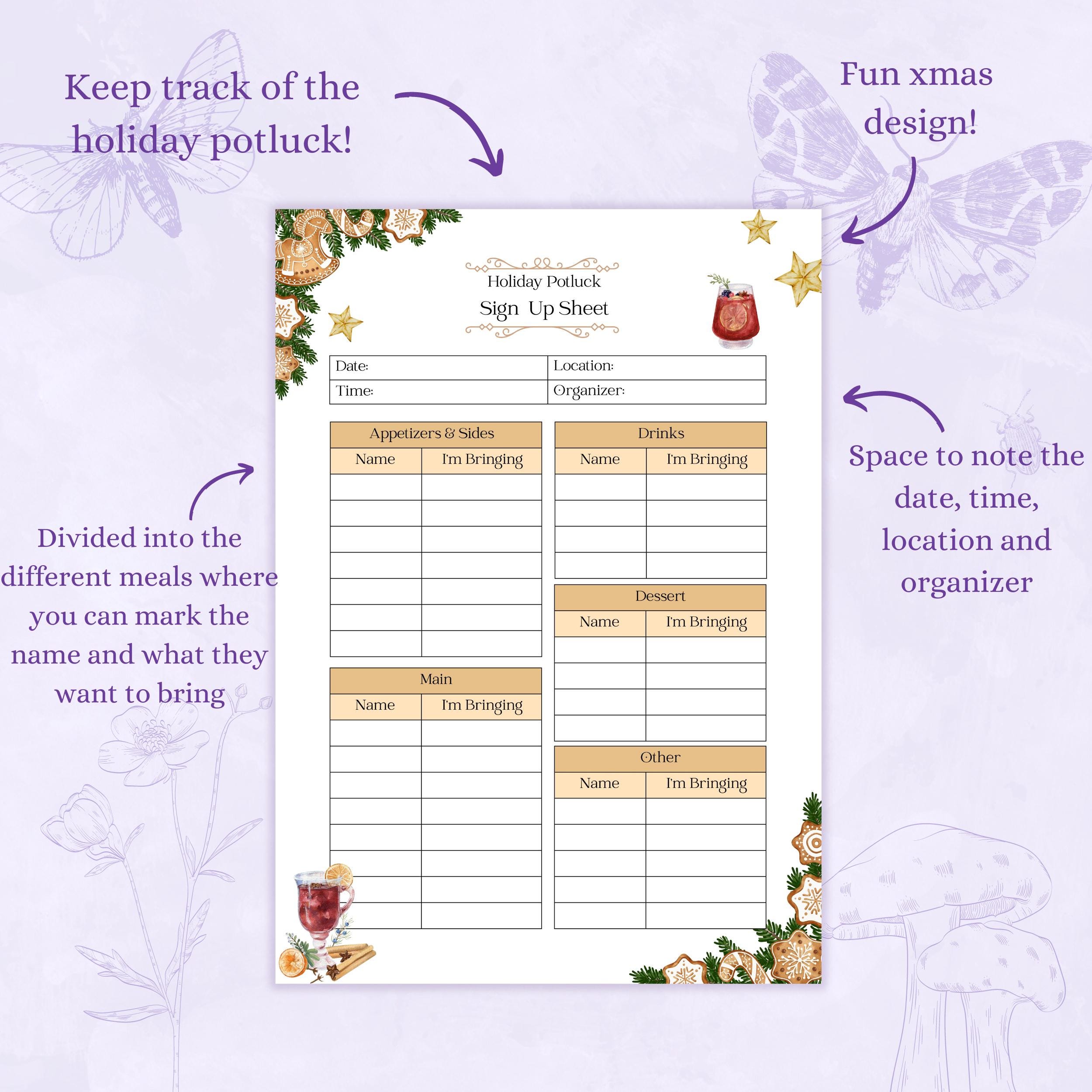 Holiday Pot Luck Sign up Sheet Printable PDF | Christmas Dishes List ...