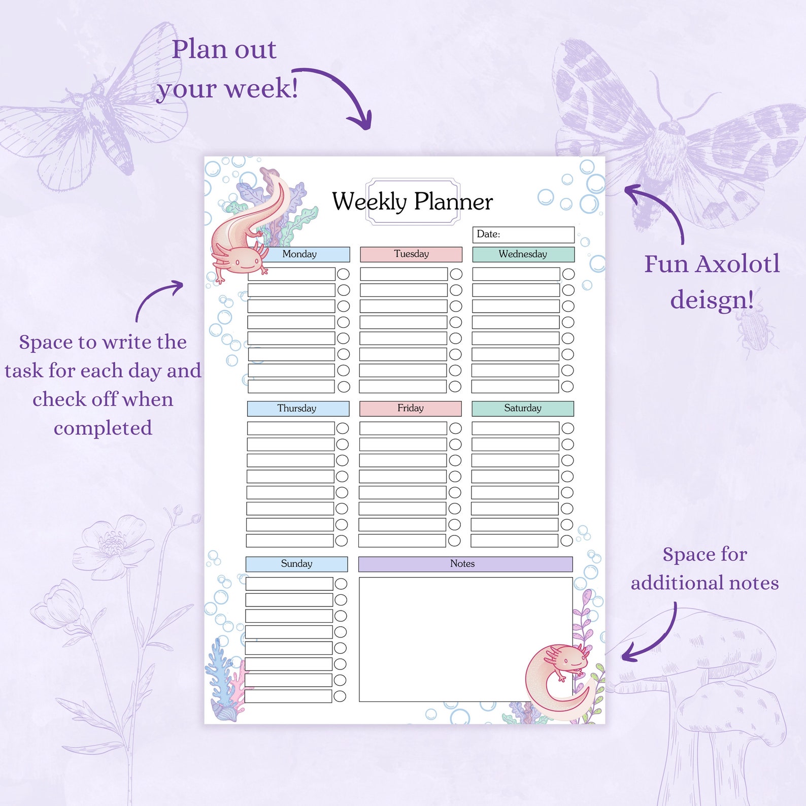Axolotl Weekly Planner Printable PDF | Task Tracker | Weekly Axolotl Diary | Reminder Sheet ...