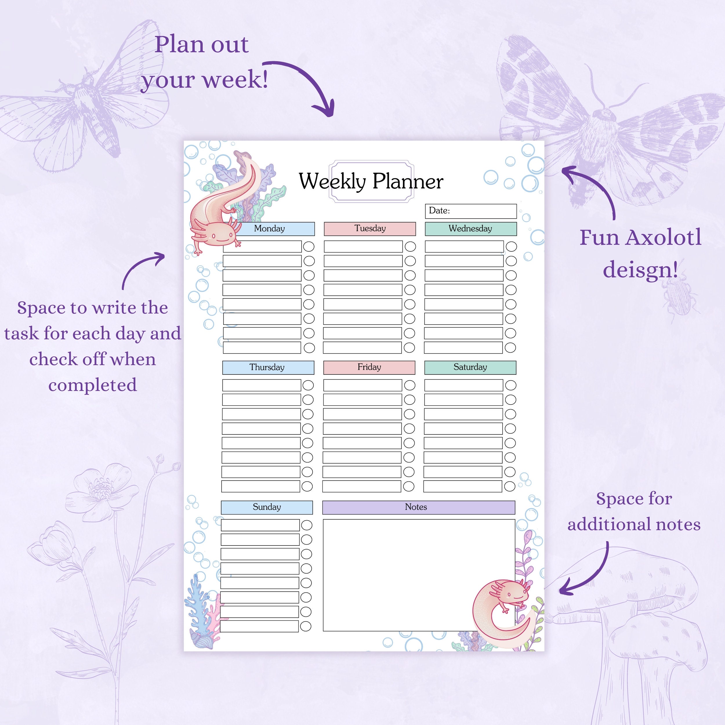 Axolotl Weekly Planner Printable PDF | Task Tracker | Weekly Axolotl ...