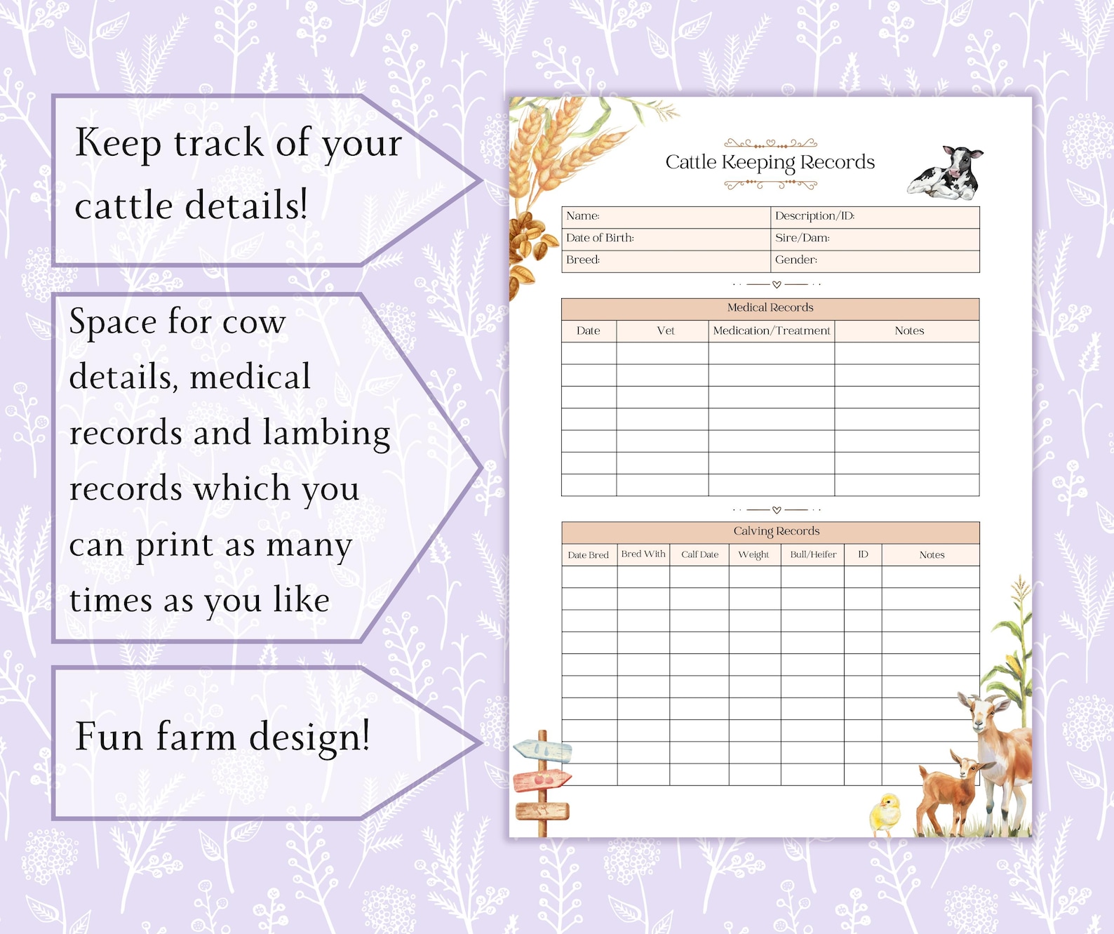 Cattle Keeping Records Sheet Printable PDF | Cattle Management | Cattle Log Book | Farm ...