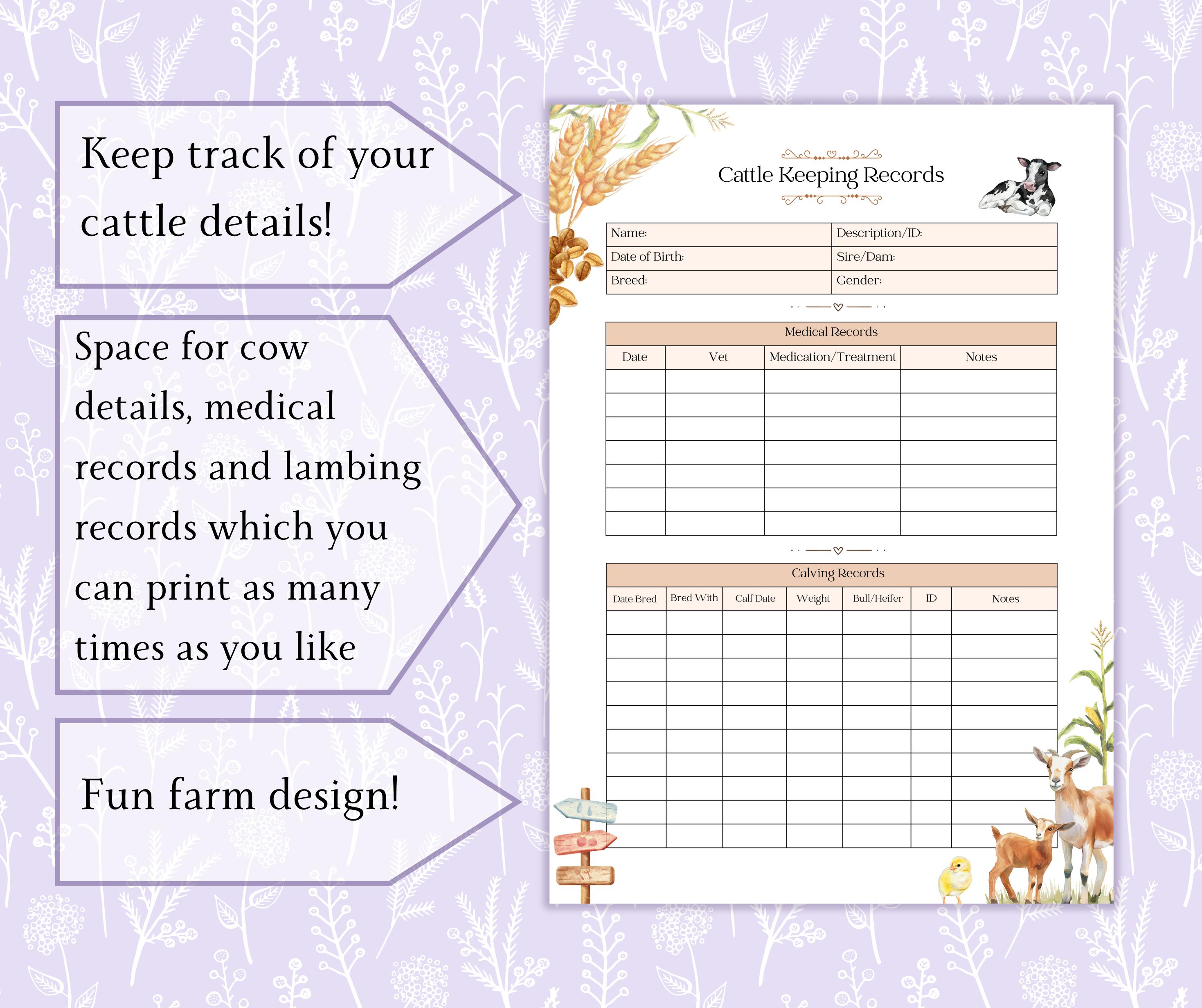 Cattle Keeping Records Sheet Printable PDF | Cattle Management | Cattle ...