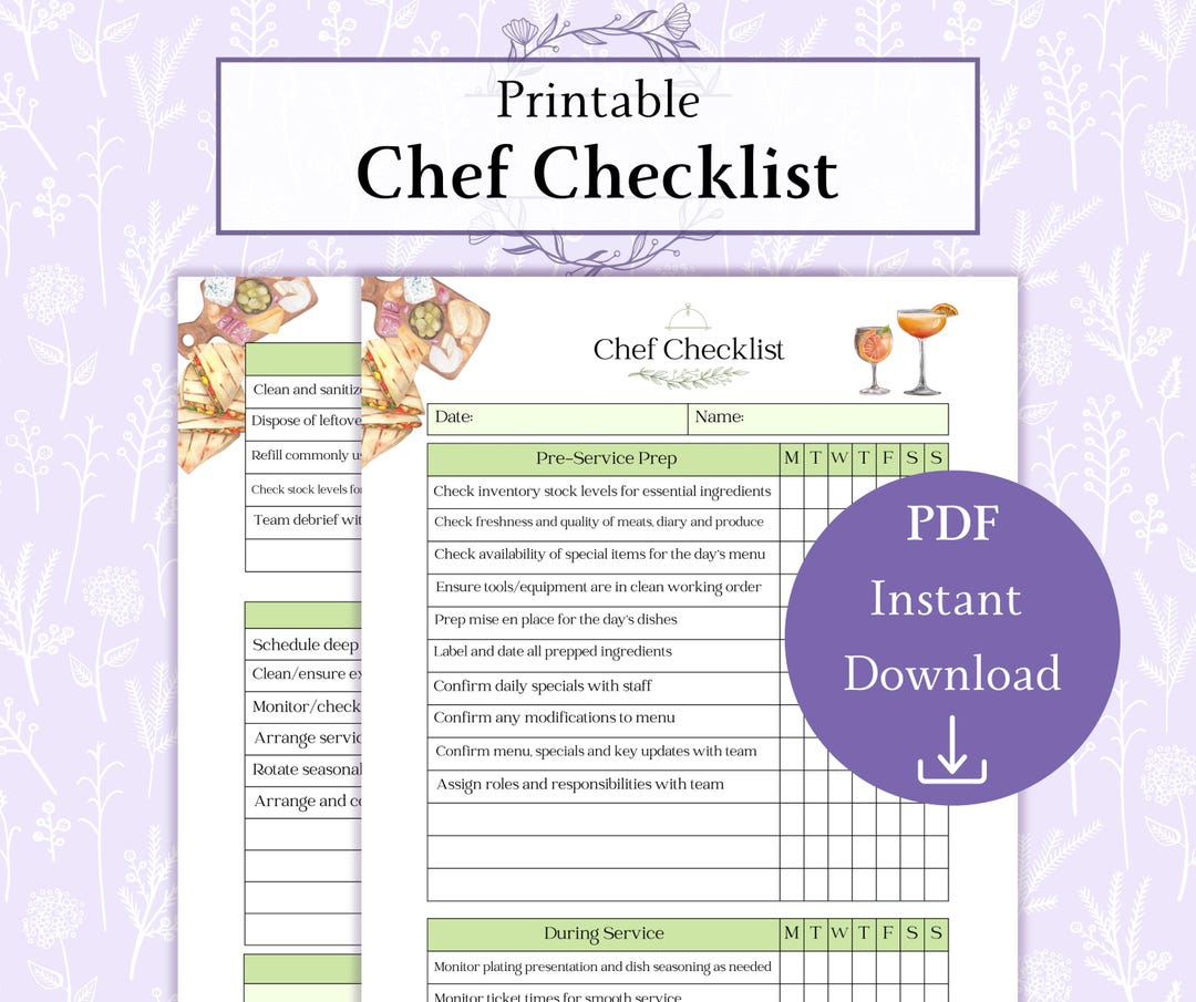 Chef Checklist Printable PDF | Restaurant Checklist | Restaurant ...