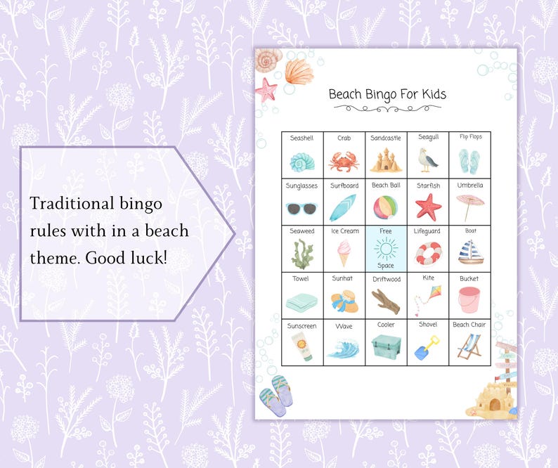 Beach Bingo for Kids Printable PDF | Summer Bingo | Printable Beach ...