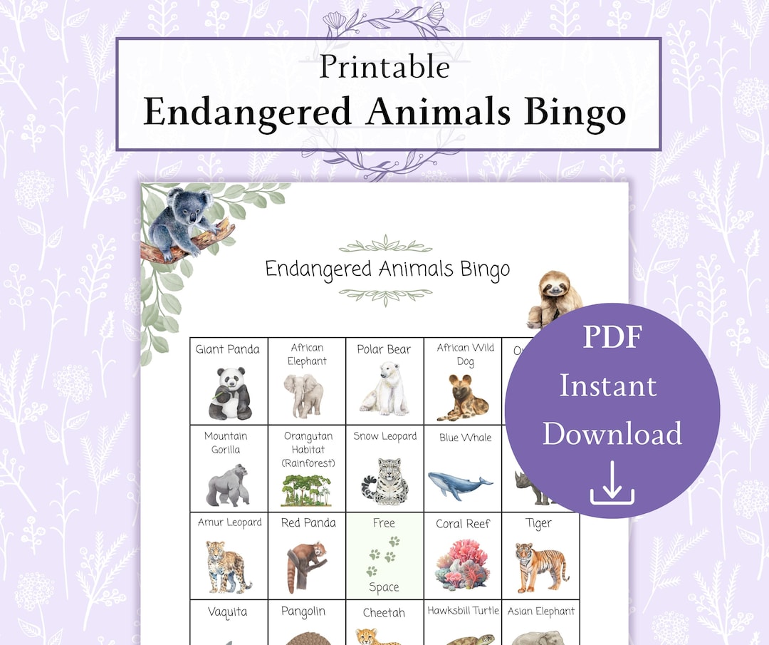 Endangered Animals Bingo Printable PDF, Wildlife Conservation Game for ...