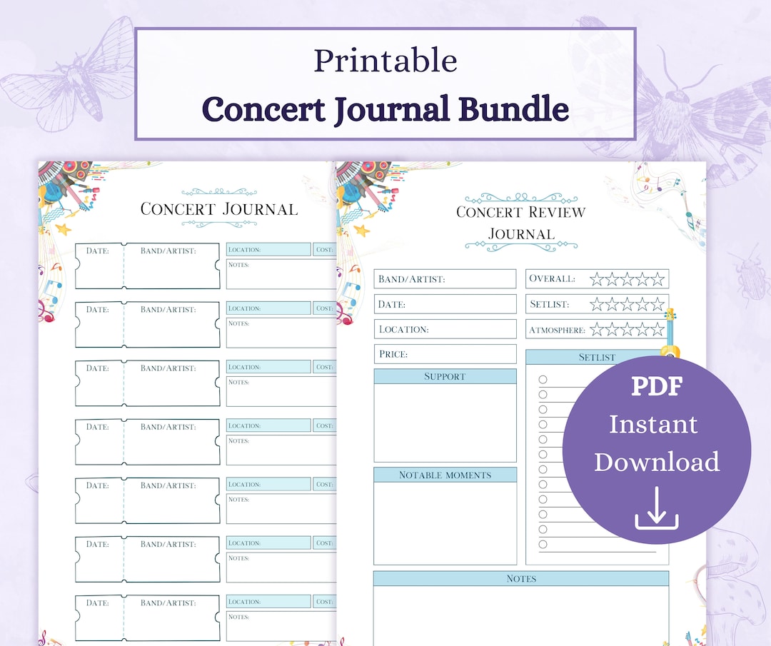 Concert Journal Bundle Printable PDF | Gig Tracker Live Music Review ...