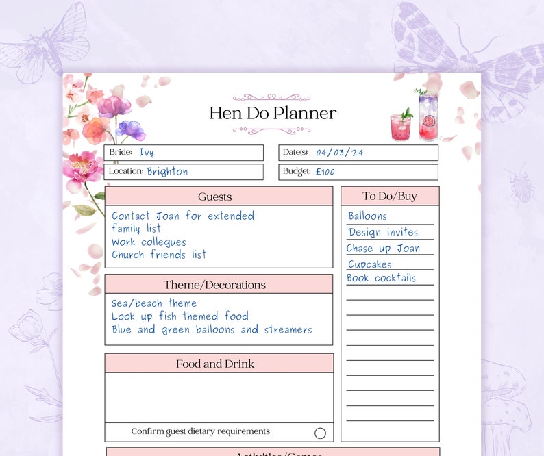 Hen Do Planner Printable PDF | Hen Party Planner | Hen Do Itinerary ...