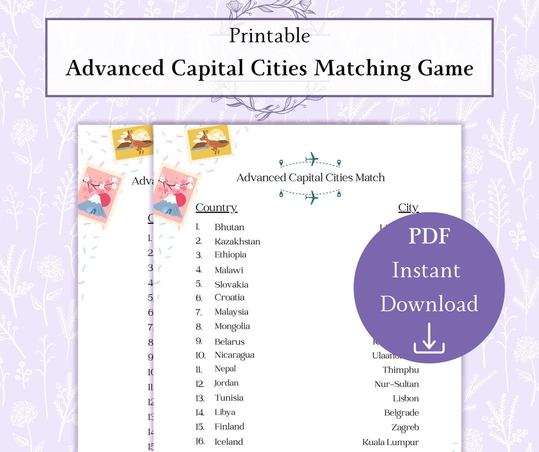 Advanced Capital Cities Match Game Printable PDF, Difficult Capitals ...